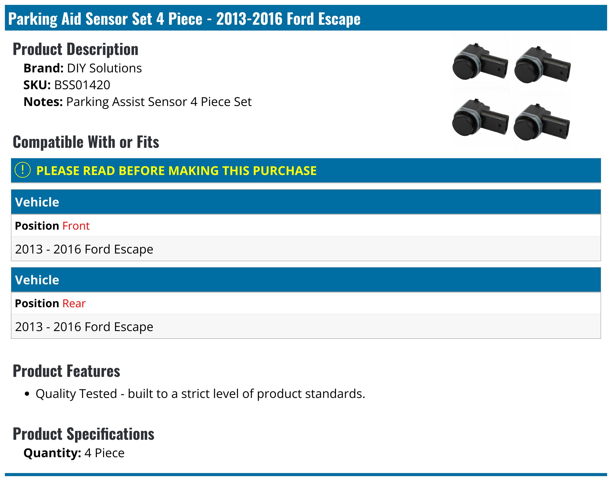 2013-2016 Ford Escape Parking Aid Sensor - DIY Solutions BSS01420 ...