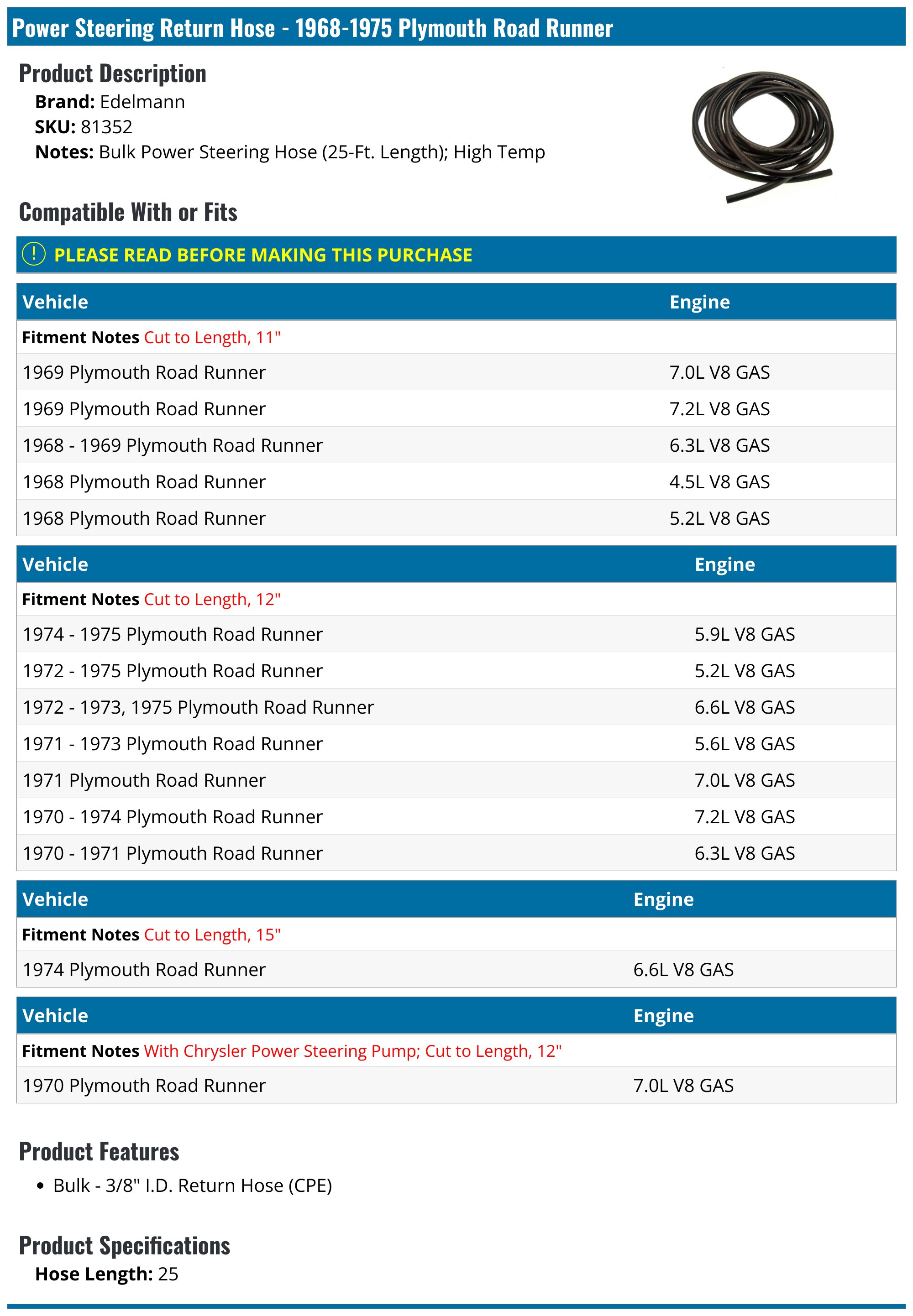 1968-1975 Plymouth Road Runner Power Steering Return Hose - Edelmann ...