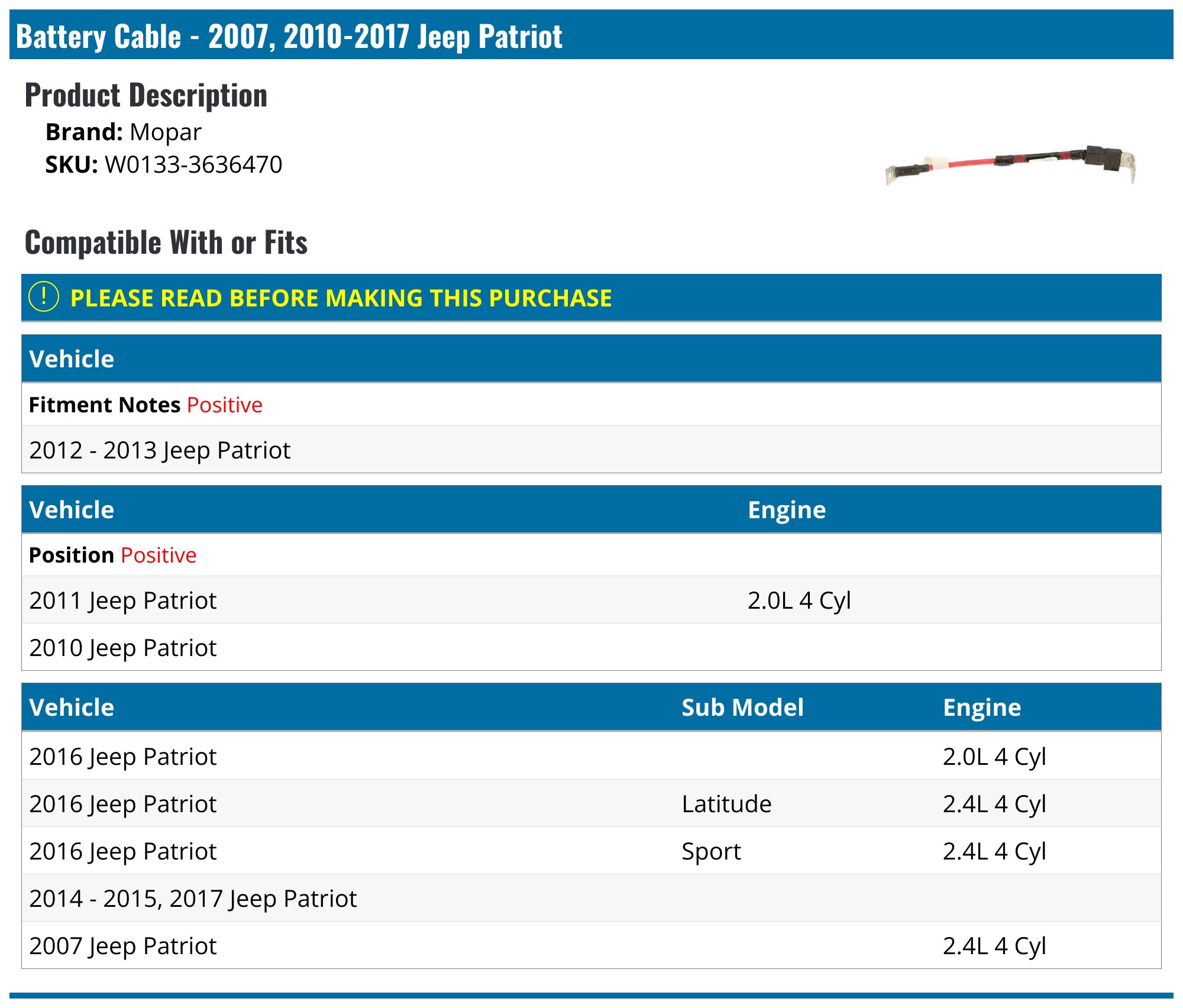 2007, 2010-2017 Jeep Patriot Battery Cable - Mopar W0133-3636470 ...