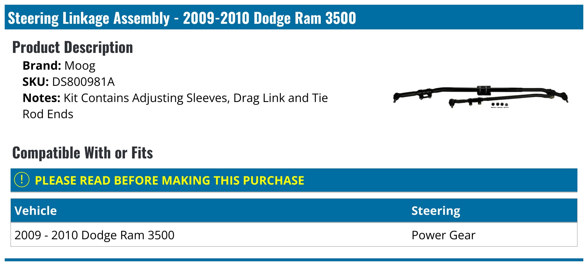 2009-2010 Dodge Ram 3500 Steering Linkage Assembly - Moog DS800981A ...