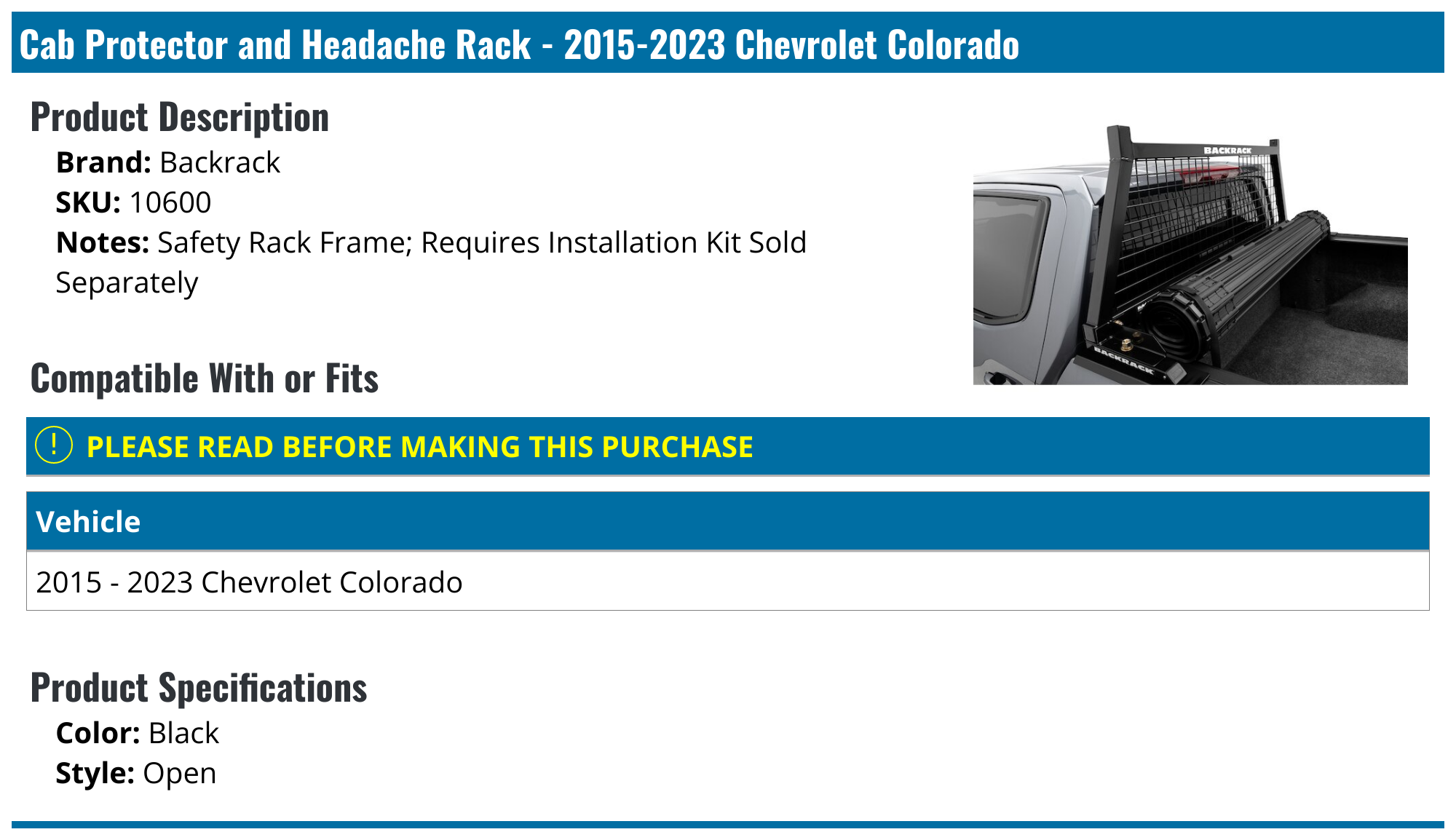 2015-2025 Chevrolet Colorado Cab Protector and Headache Rack - Backrack ...
