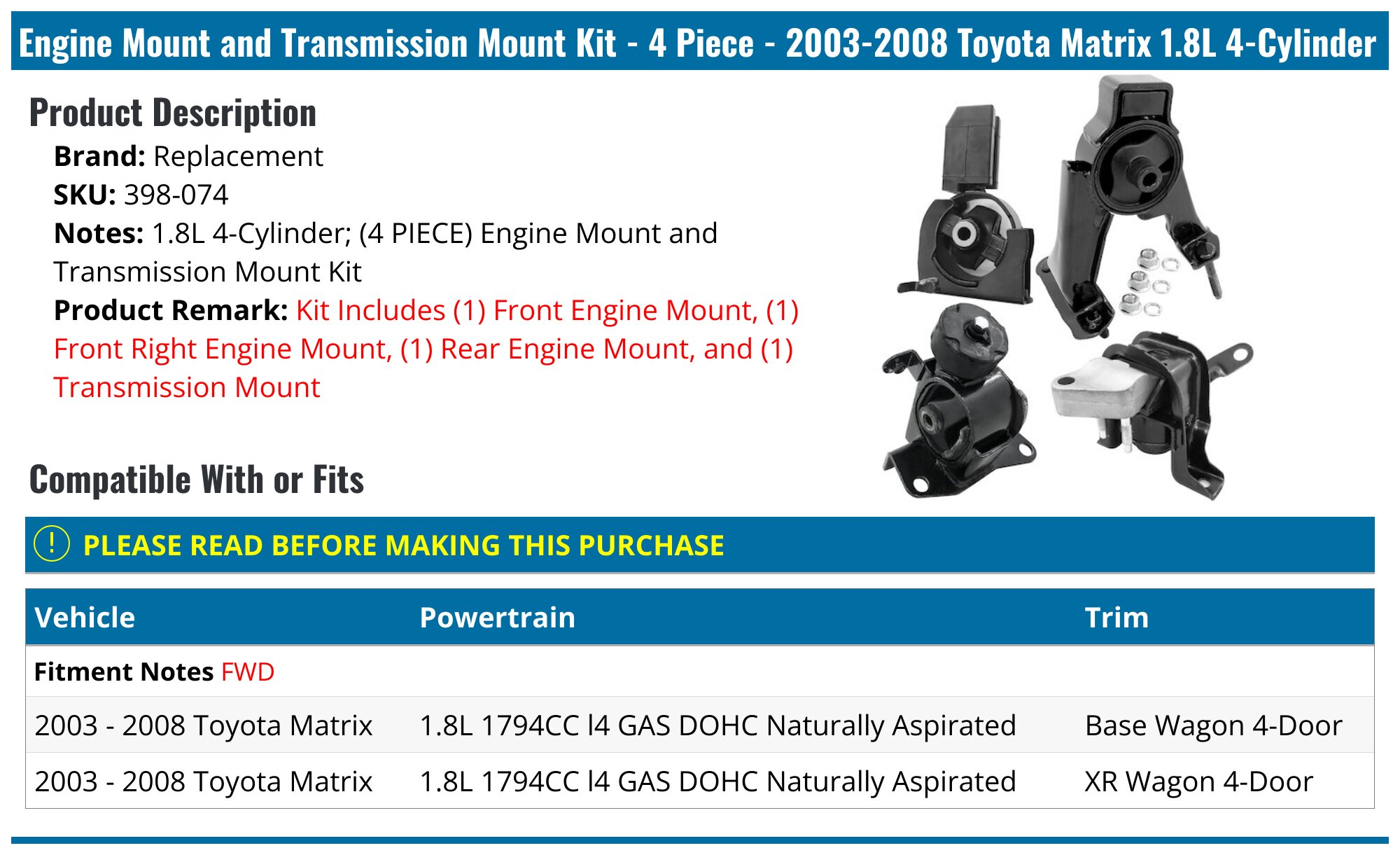 2003-2008 Toyota Matrix Engine Mount - Replacement 398-074 - PartsGeek.com