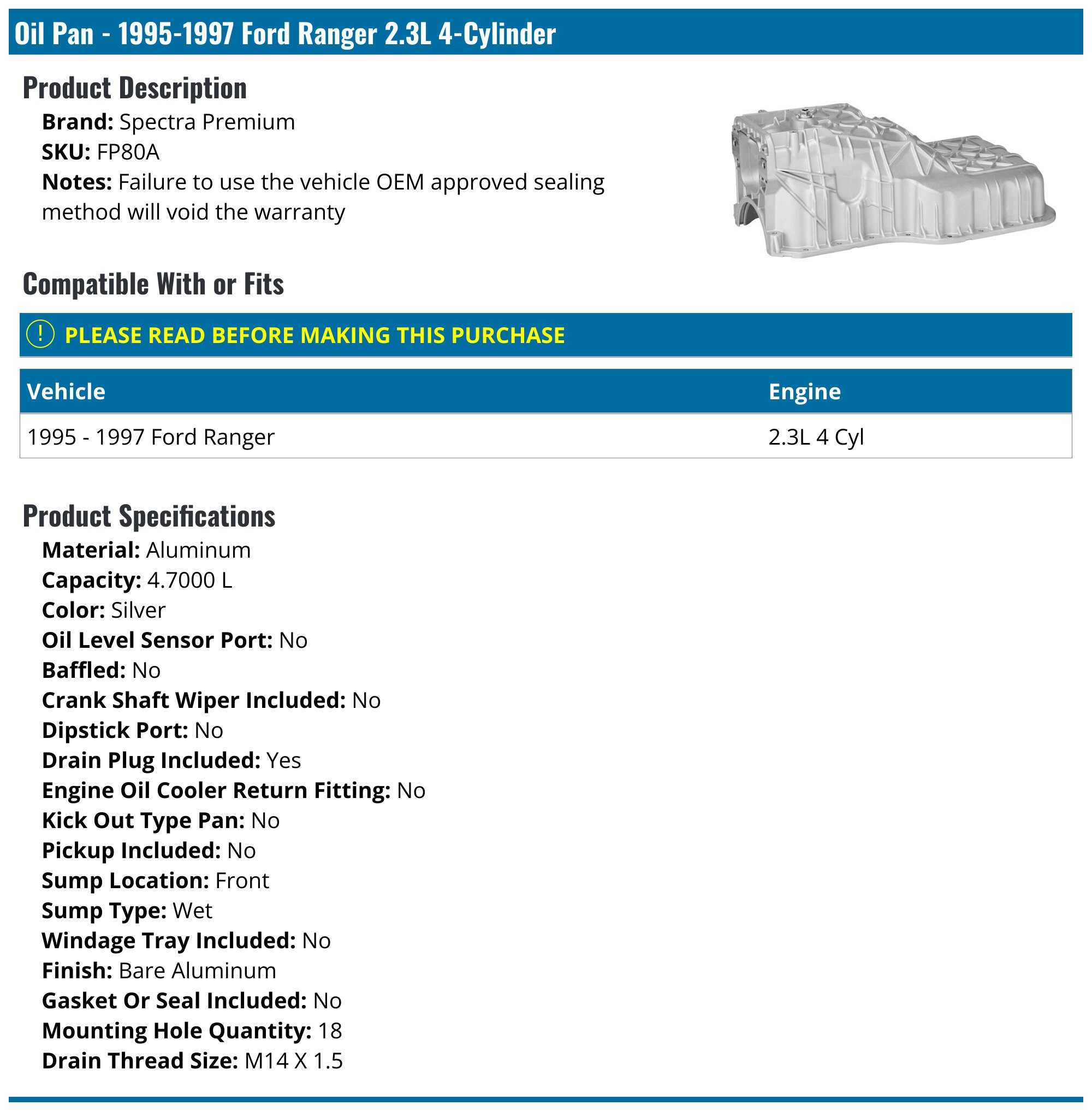 1995-1997 Ford Ranger Oil Pan - Spectra Premium FP80A - PartsGeek.com