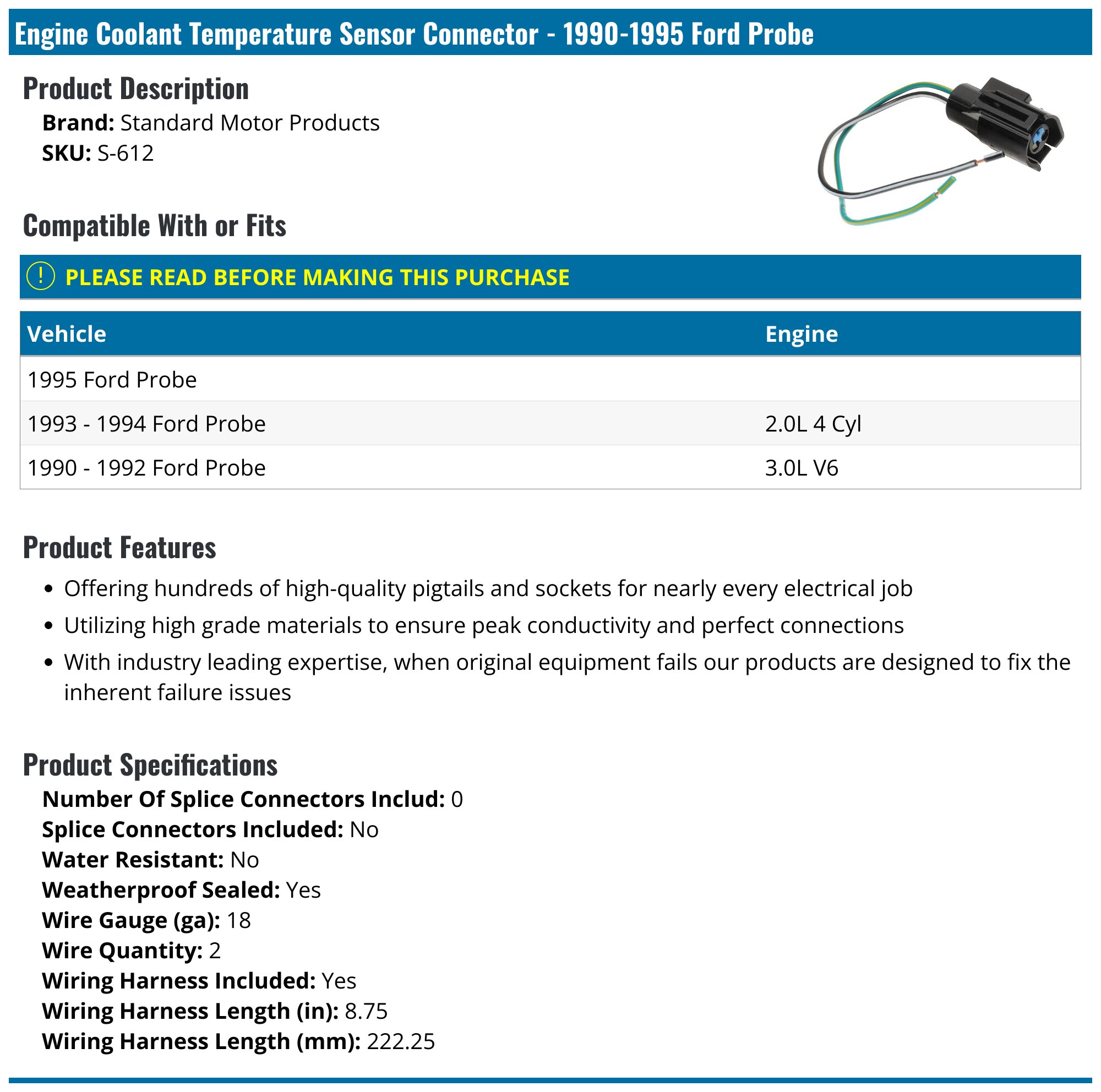 1990-1995 Ford Probe Engine Coolant Temperature Sensor Connector ...