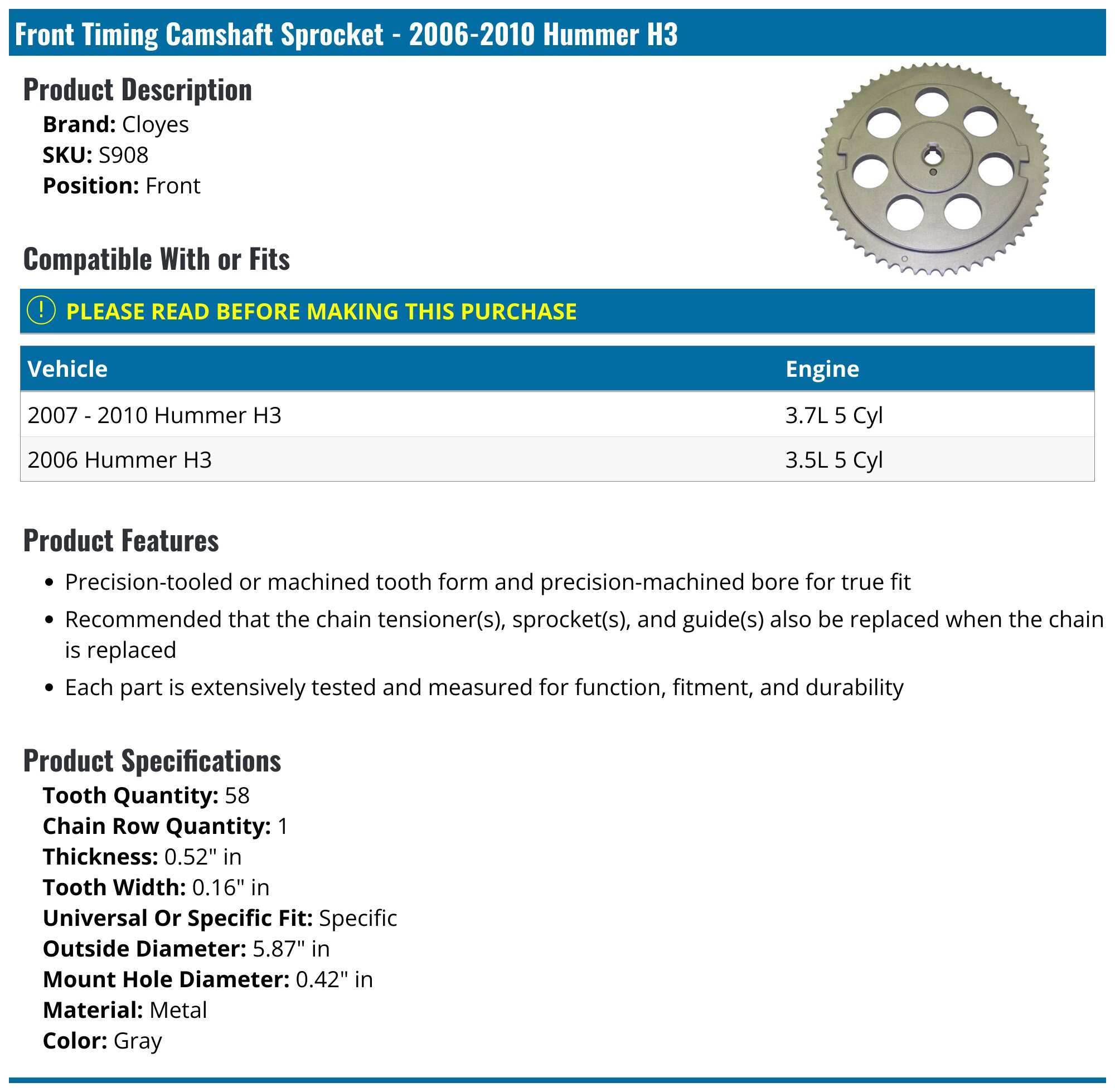 2006-2010 Hummer H3 Engine Variable Valve Timing Sprocket - Cloyes S908 ...