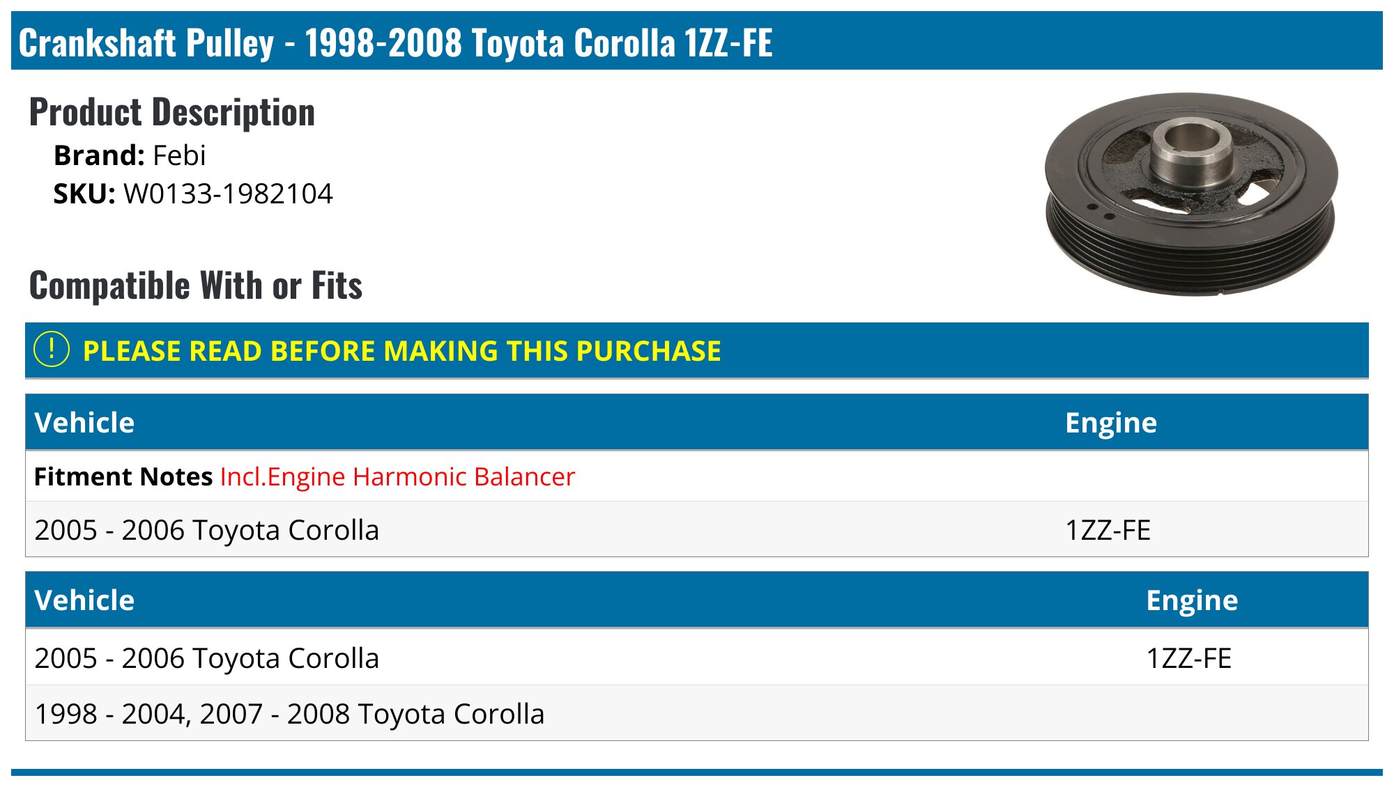 1998-2008 Toyota Corolla Crankshaft Pulley - Febi W0133-1982104 ...