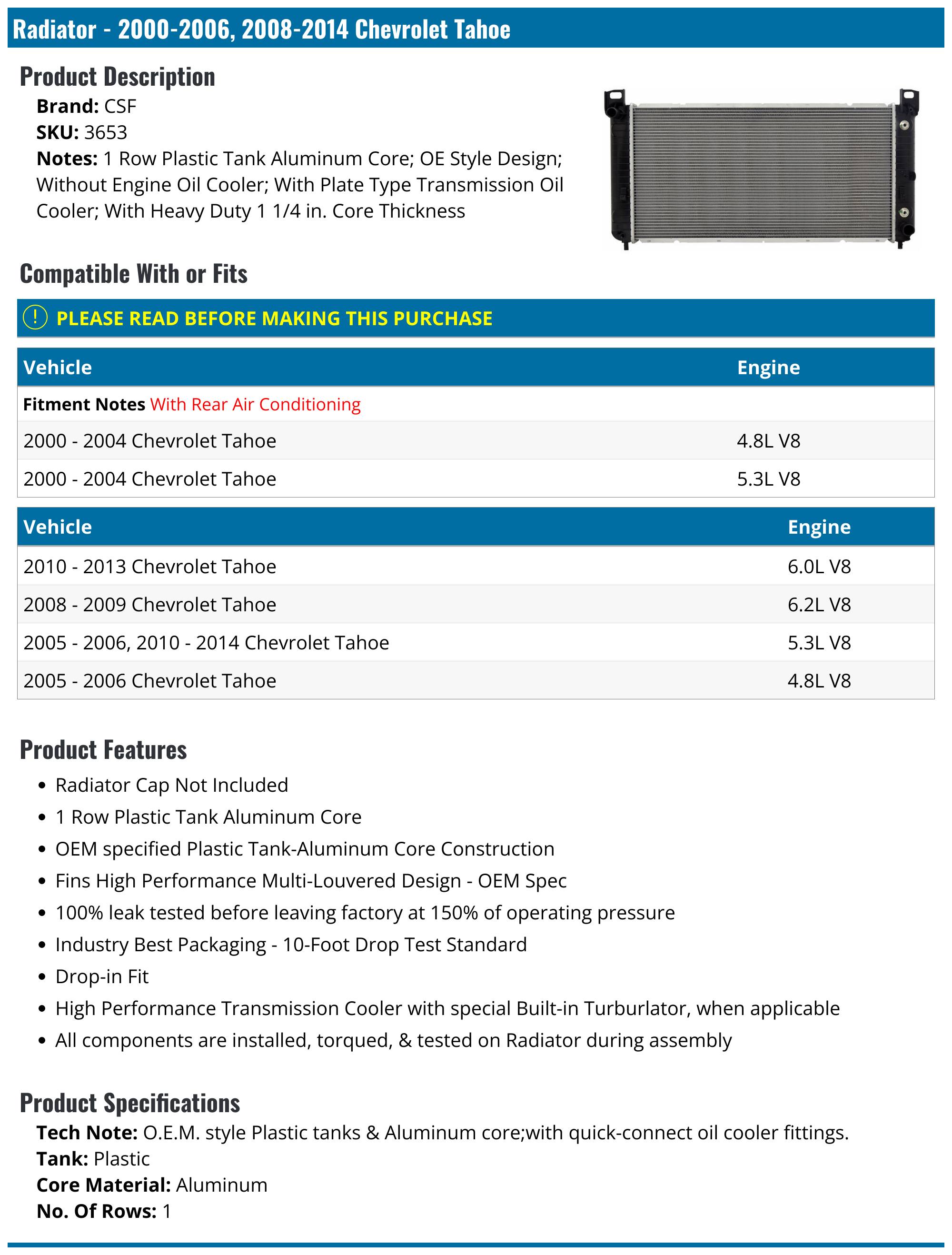 2000-2006, 2008-2014 Chevrolet Tahoe Radiator - CSF 3653 - PartsGeek.com