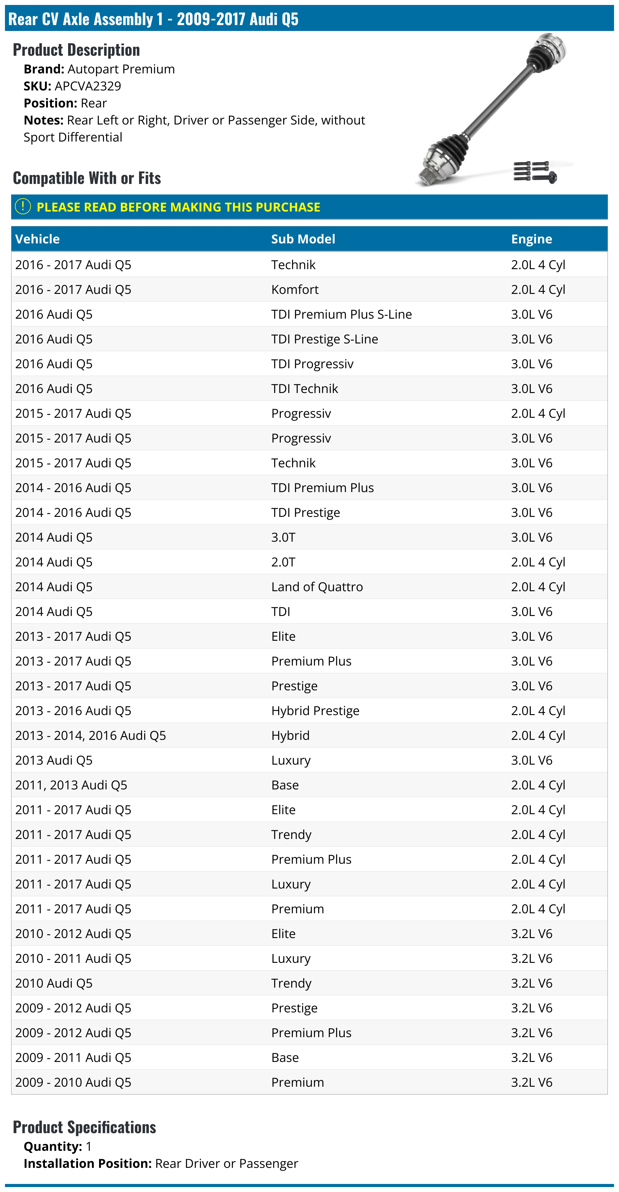 2009-2017 Audi Q5 Axle Assembly - Autopart Premium APCVA2329 - Rear ...