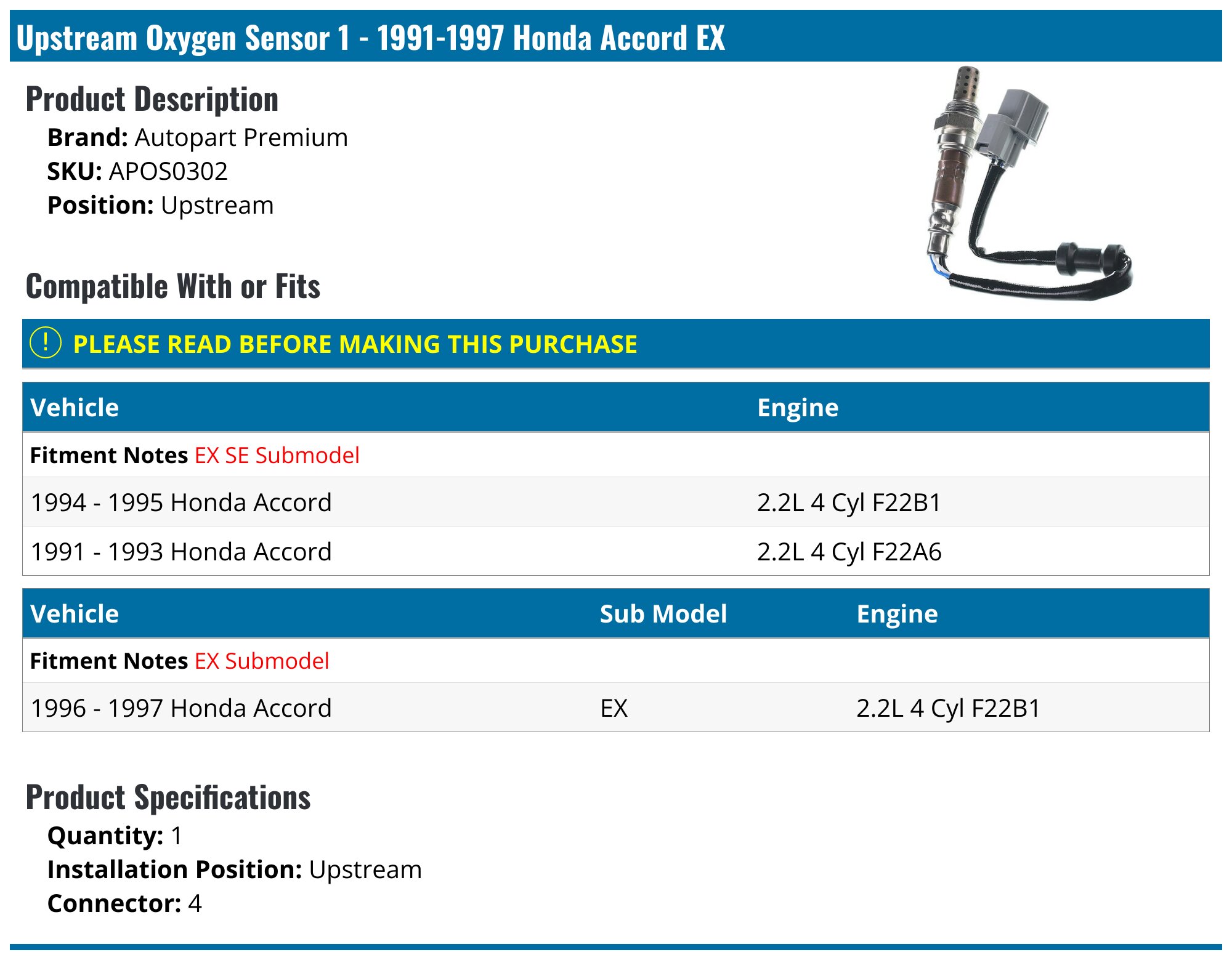 1991-1997 Honda Accord Oxygen Sensor - Autopart Premium APOS0302 ...