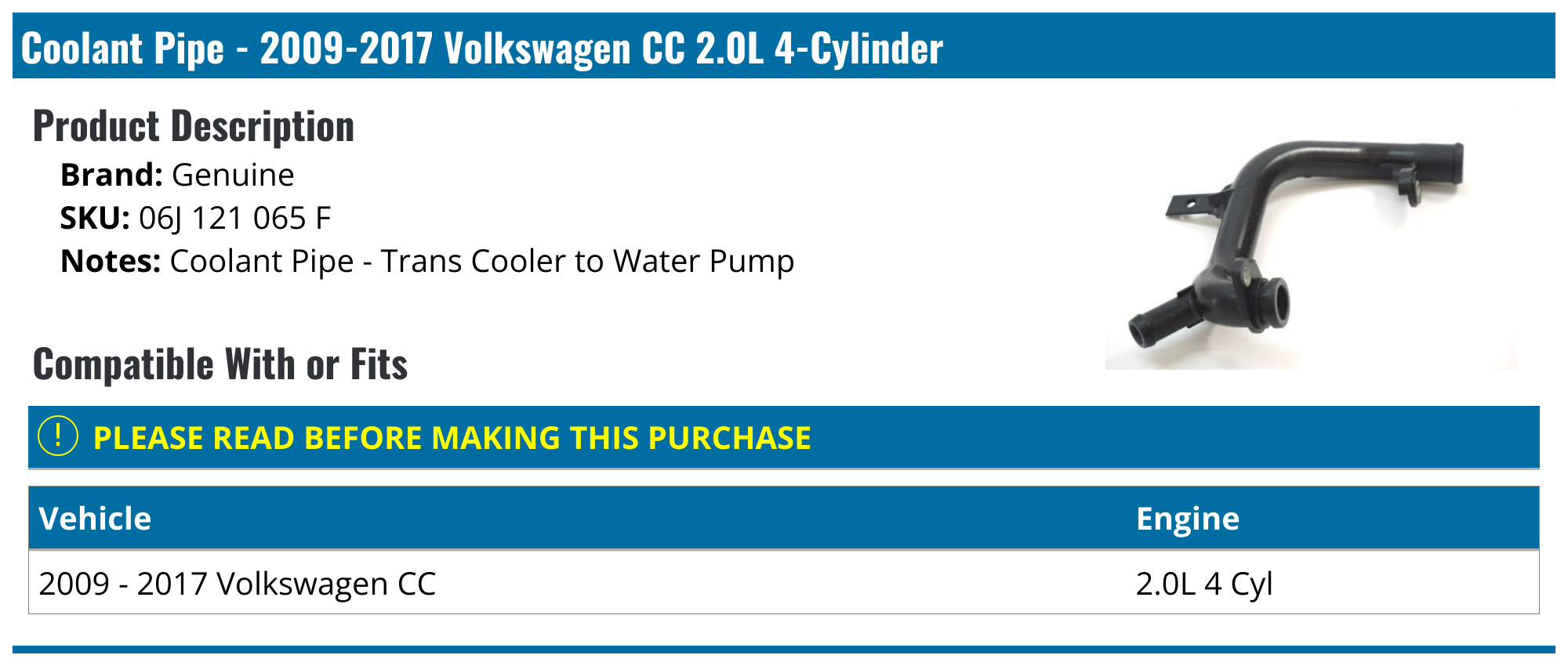 2009-2017 Volkswagen CC Coolant Pipe - Genuine 06J 121 065 F ...