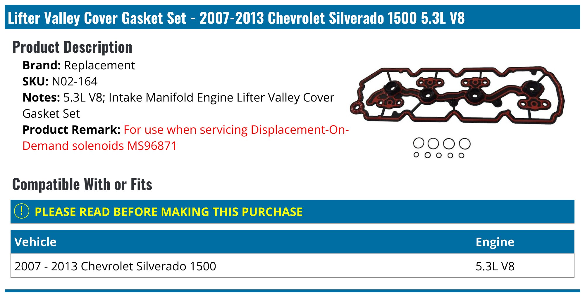 2007-2013 Chevrolet Silverado 1500 Lifter Valley Cover Gasket Set ...