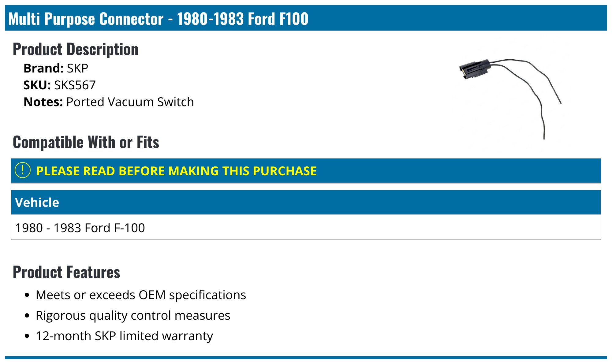 1980-1983 Ford F100 Multi Purpose Connector - SKP SKS567 - PartsGeek.com