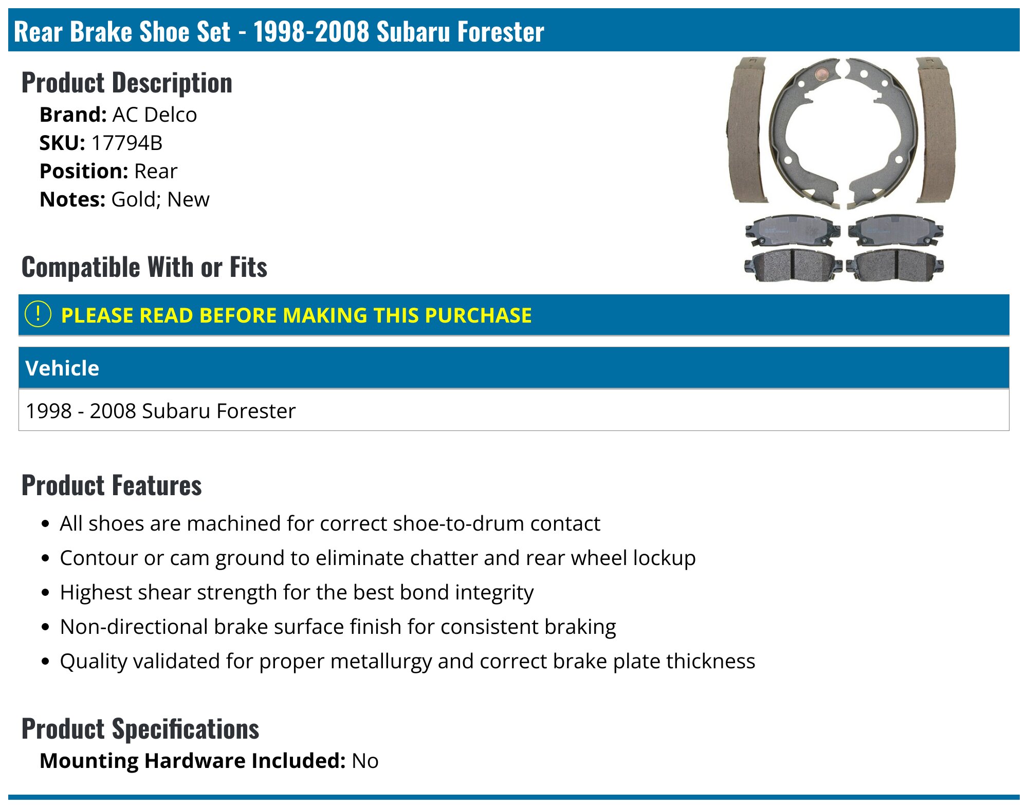 1998-2008 Subaru Forester Brake Shoe Set - AC Delco 17794B - Rear ...