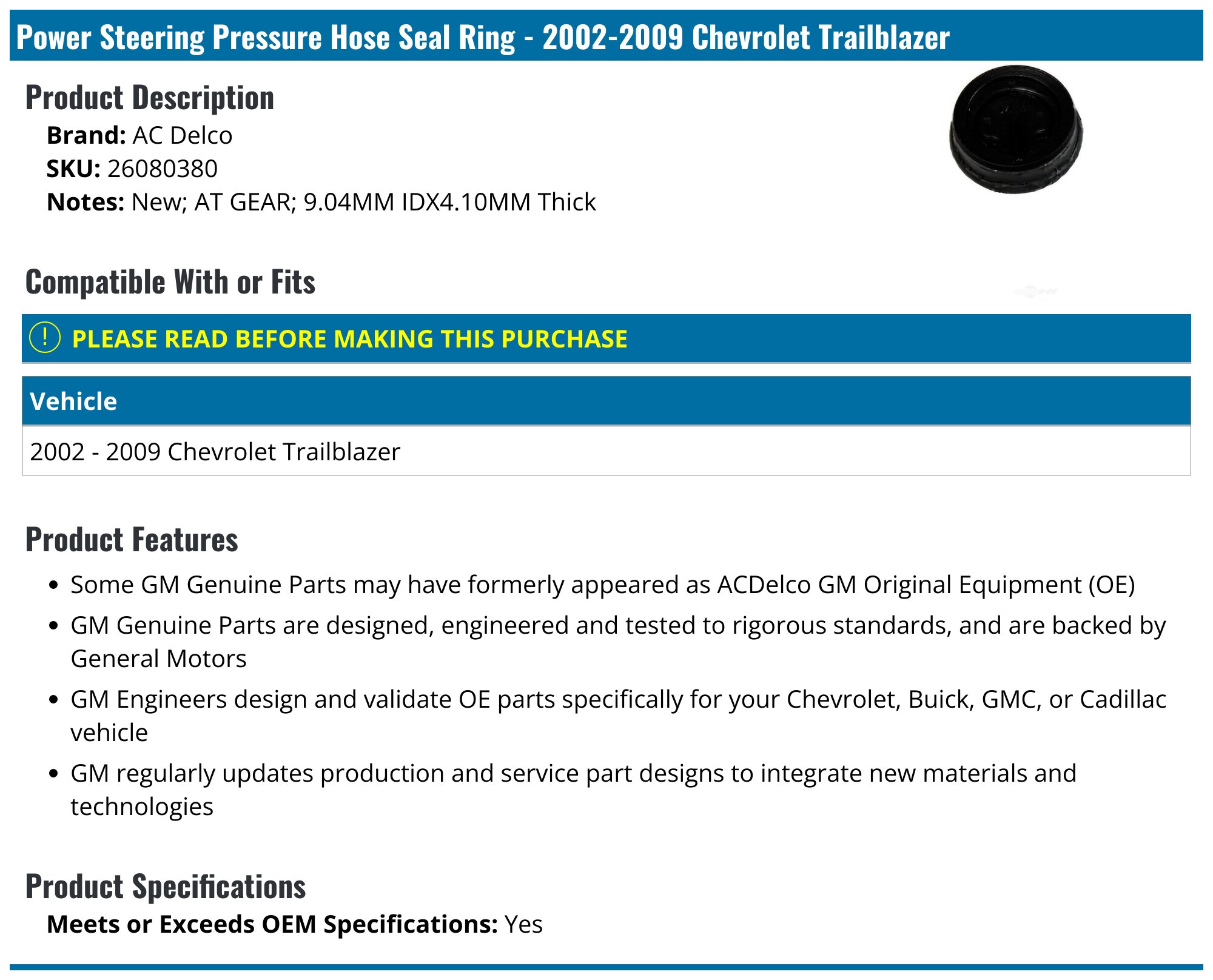 2002-2009 Chevrolet Trailblazer Power Steering Pressure Hose Seal Ring ...