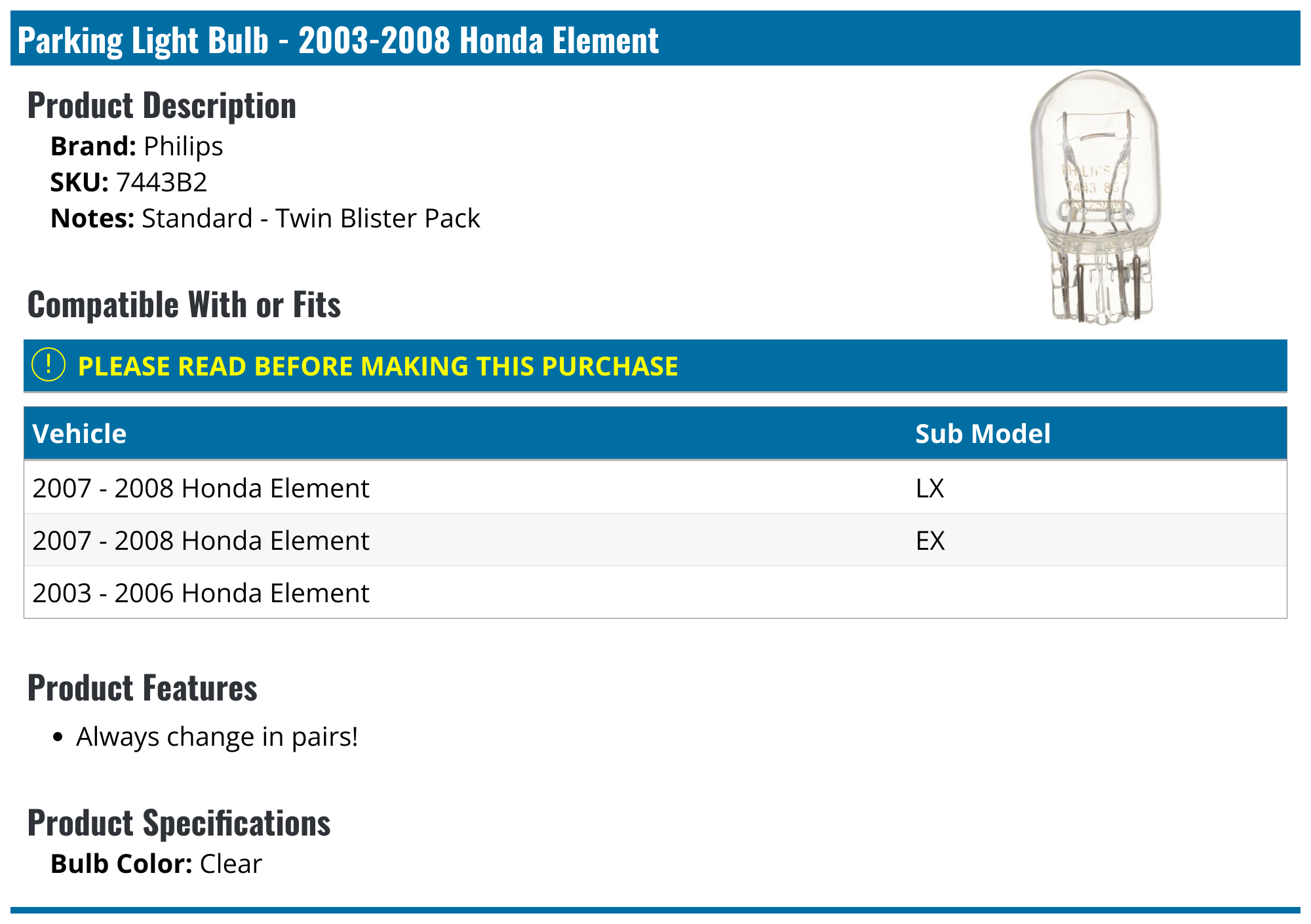 2003-2008 Honda Element Parking Light Bulb - Philips 7443B2 - PartsGeek.com