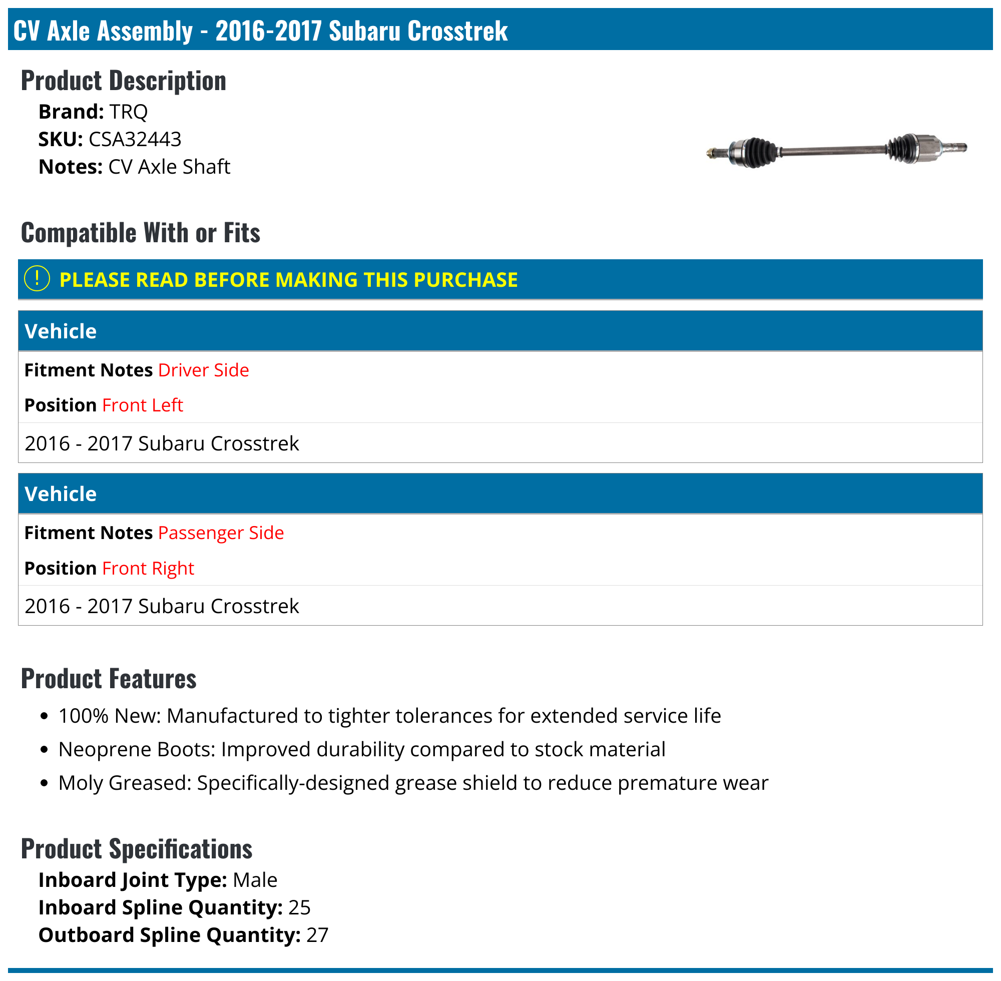 2016-2017 Subaru Crosstrek Axle Assembly - TRQ CSA32443 - Front Left ...