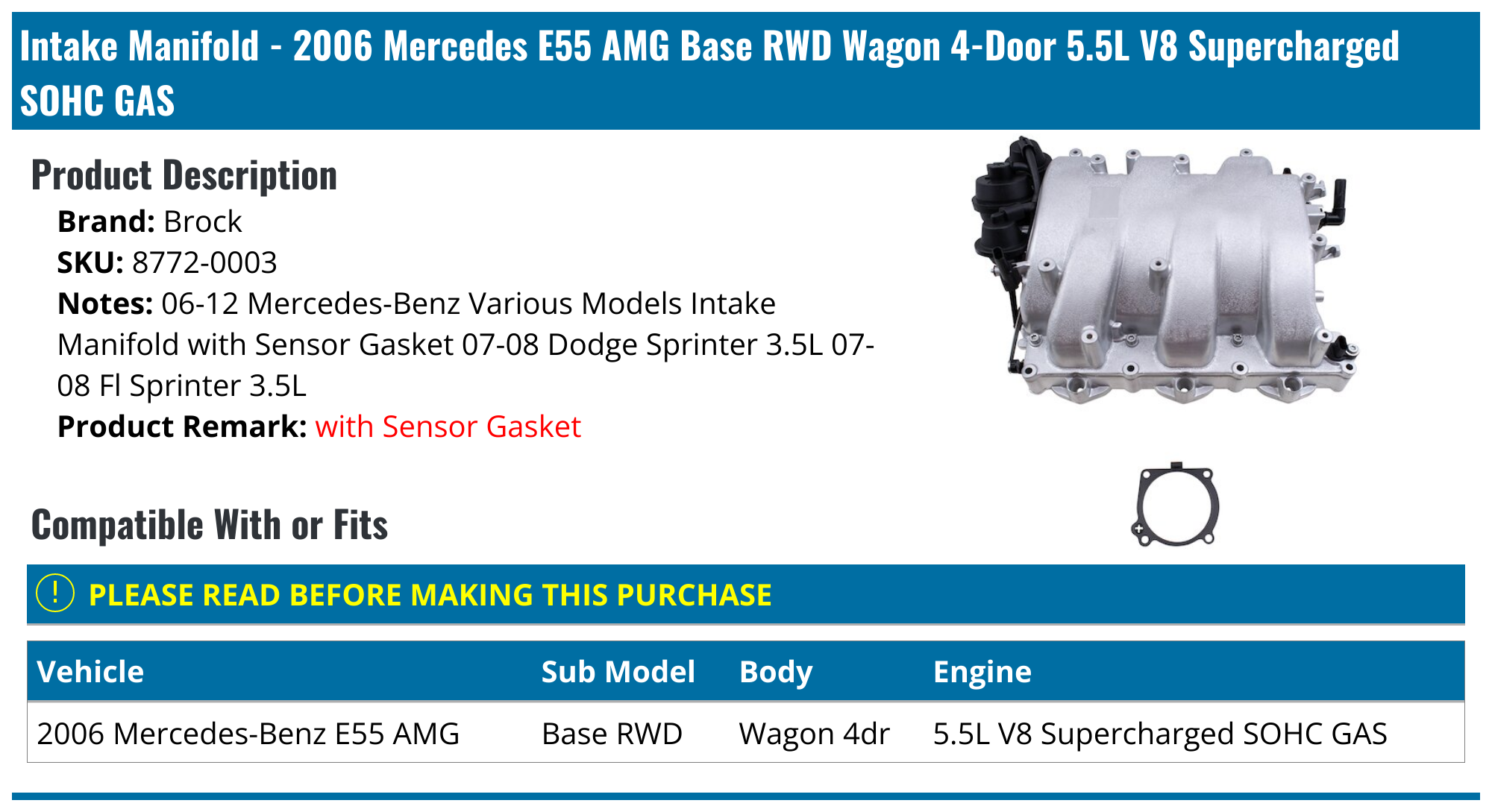 2006 Mercedes E55 AMG Intake Manifold - Brock 8772-0003 - PartsGeek.com