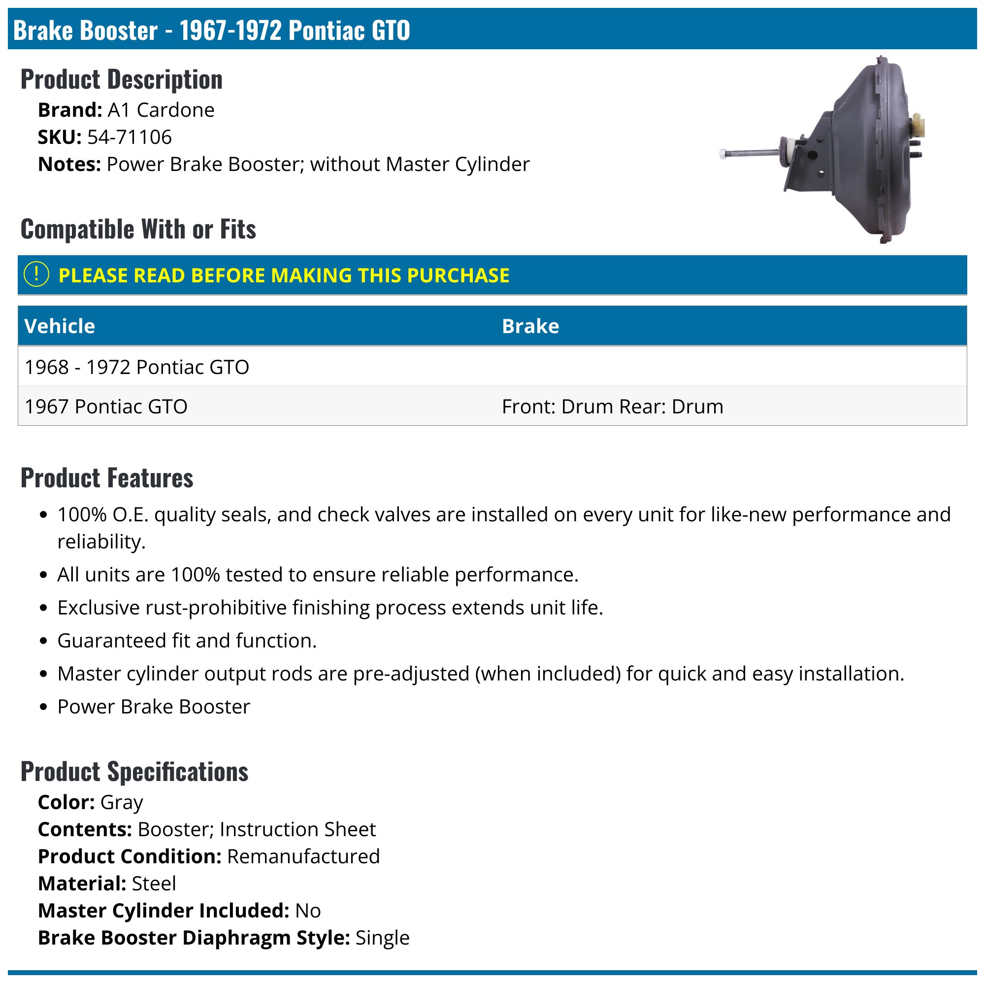 1967-1972 Pontiac GTO Brake Booster - A1 Cardone 54-71106 - PartsGeek.com