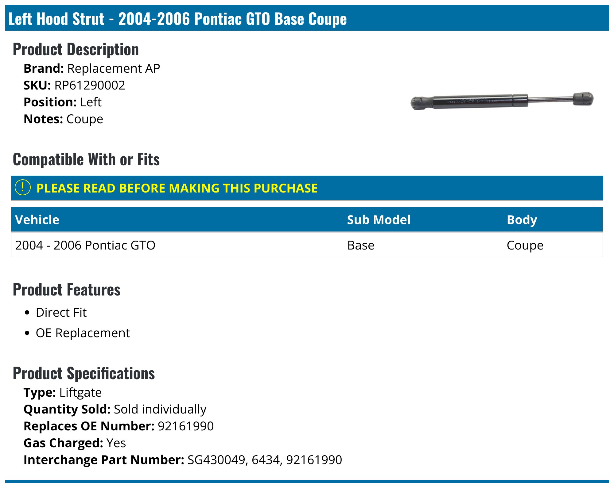 2004-2006 Pontiac GTO Hood Strut - Replacement AP RP61290002 ...