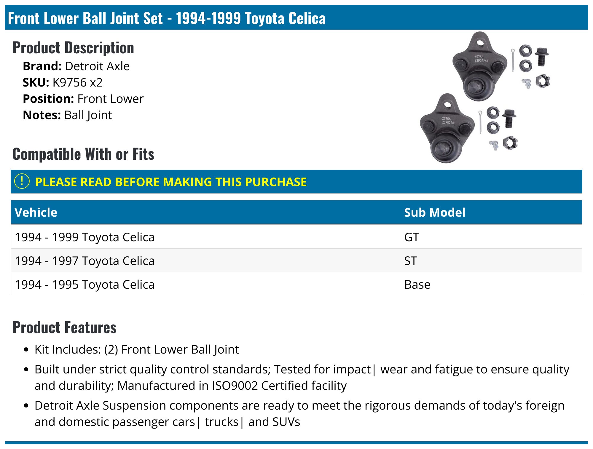 1994-1999 Toyota Celica Ball Joint - Detroit Axle K9756 x2 - Front ...