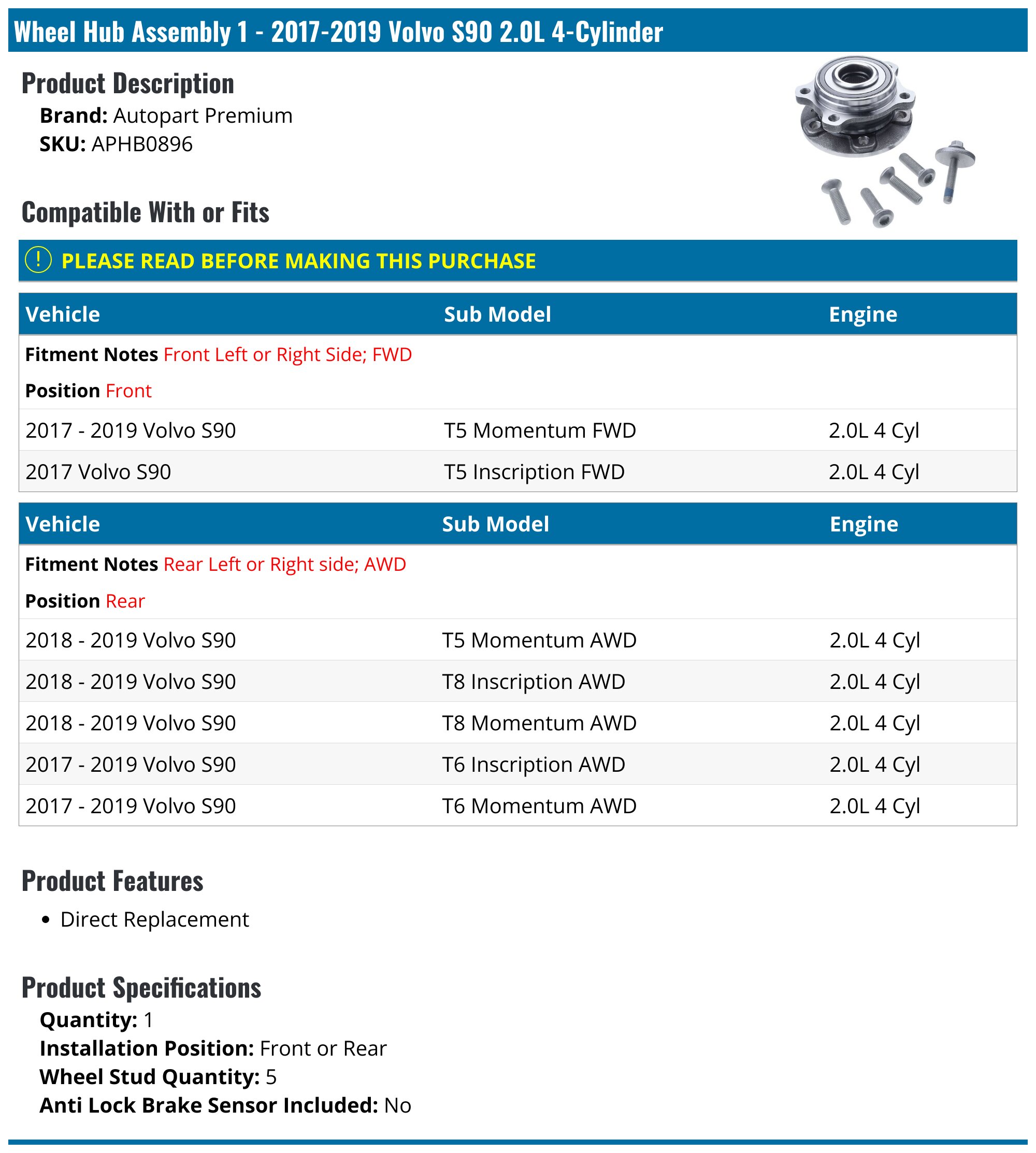 2017-2019 Volvo S90 Wheel Hub Assembly - Autopart Premium APHB0896 ...