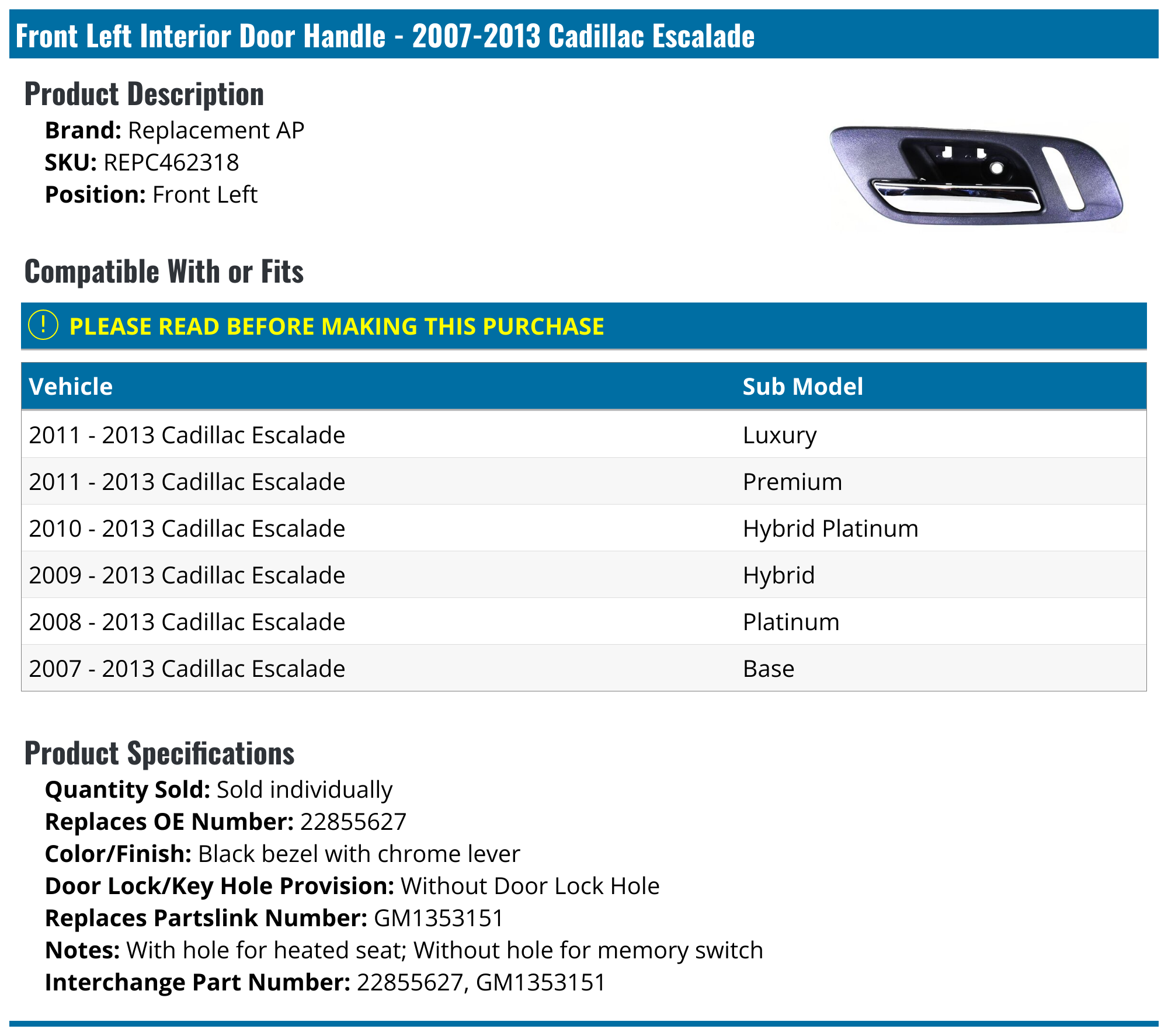 2007-2013 Cadillac Escalade Door Handle - Replacement AP REPC462318 ...
