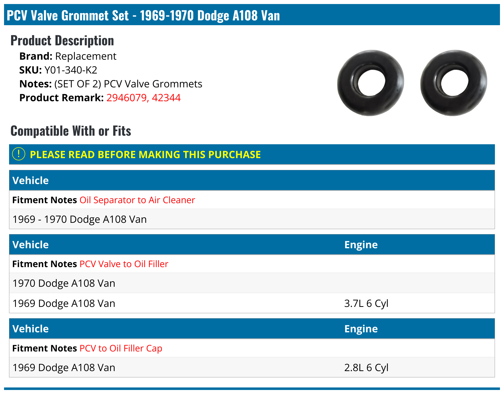 1969-1970 Dodge A108 Van PCV Valve Grommet - Replacement Y01-340-K2 ...