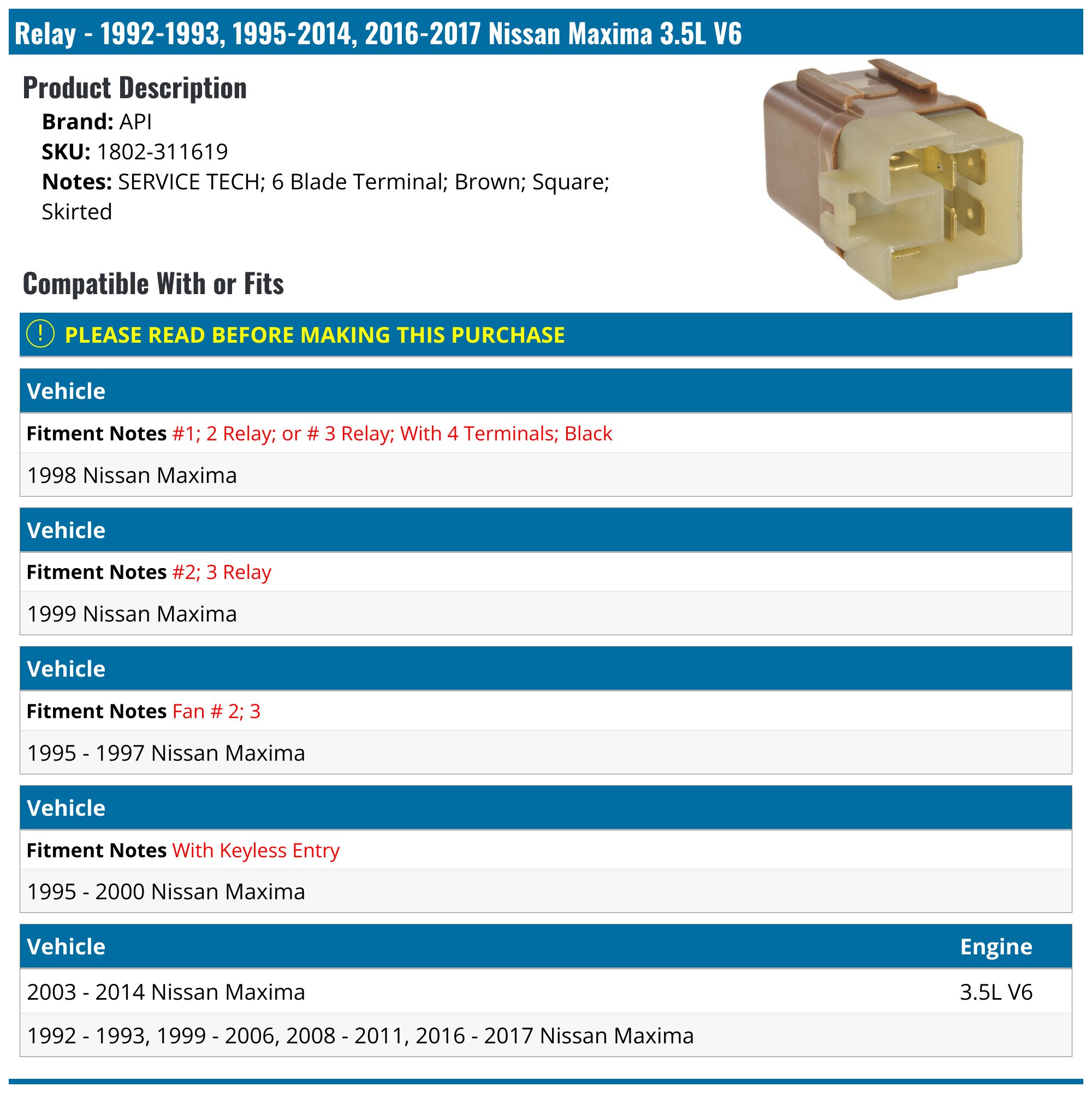 1992-1993, 1995-2014, 2016-2017 Nissan Maxima Relay - API 6728-07561659 ...