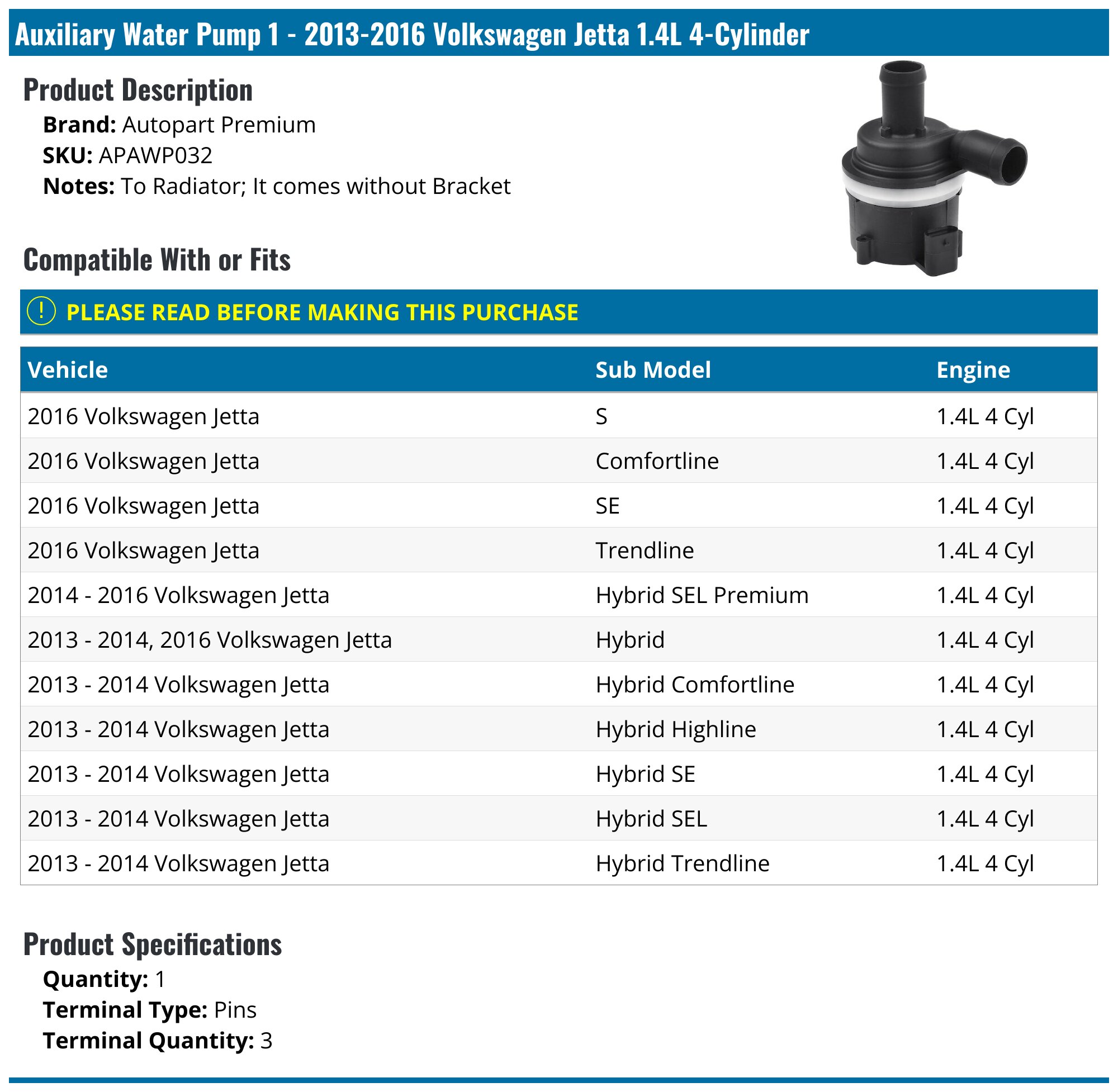 2013-2016 Volkswagen Jetta Water Pump - Autopart Premium APAWP032 ...