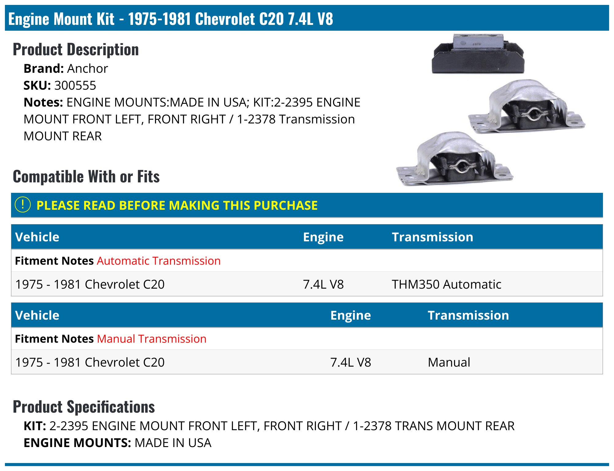 1975-1981 Chevrolet C20 Engine Mount - Anchor 300555 - PartsGeek.com