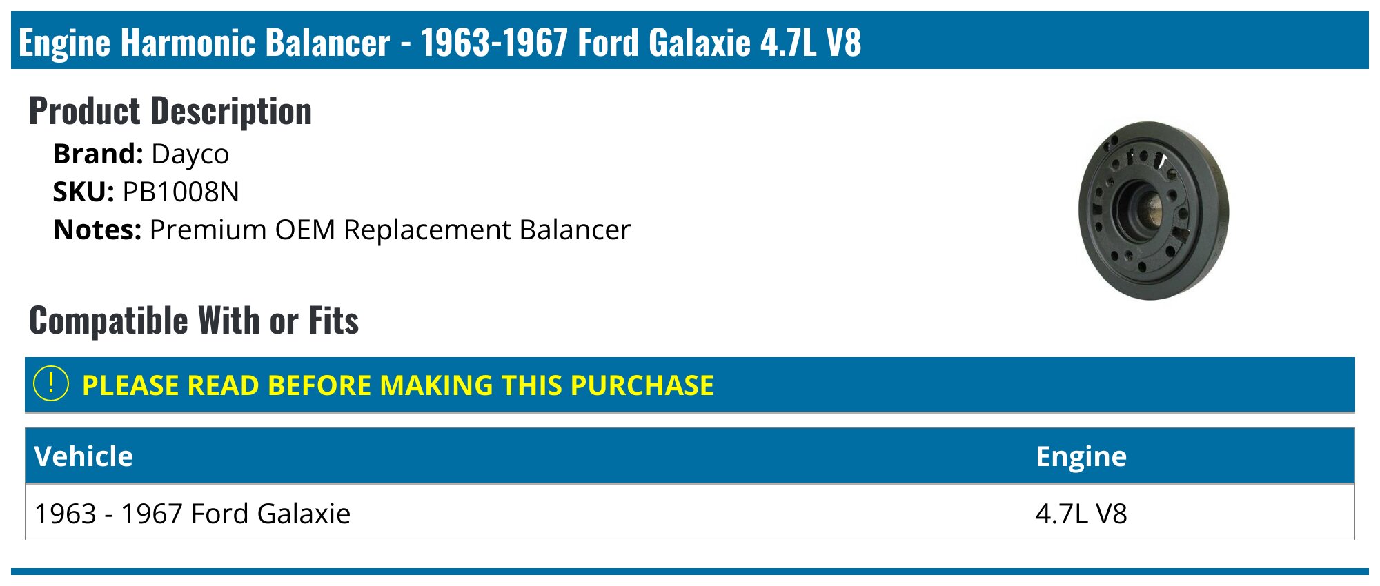 1963-1967 Ford Galaxie Engine Harmonic Balancer - Dayco PB1008N ...
