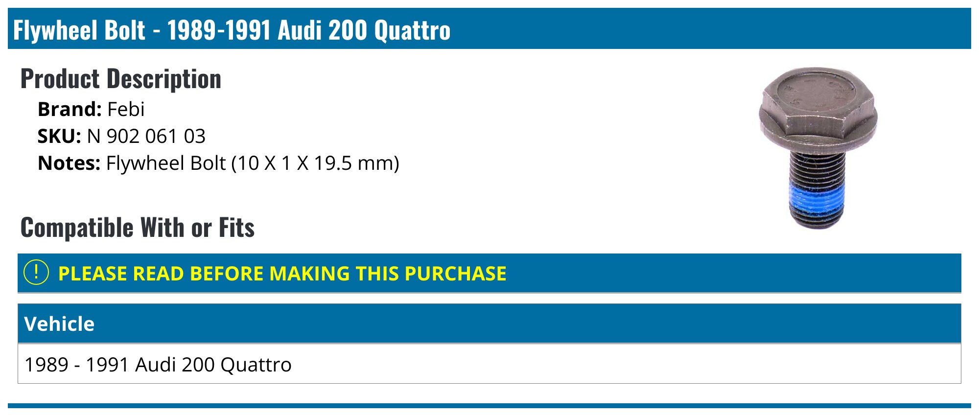 1989-1991 Audi 200 Quattro Flywheel Bolt - Febi N 902 061 03 ...