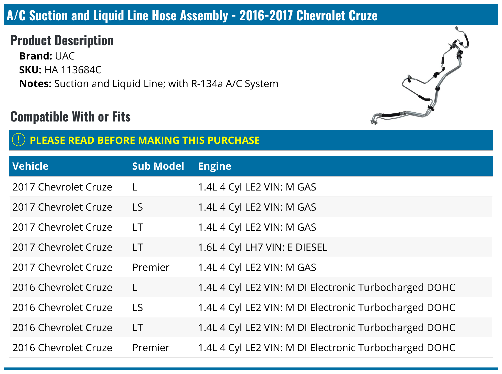2016-2018 Chevrolet Cruze A/C Suction and Liquid Line Hose Assembly ...