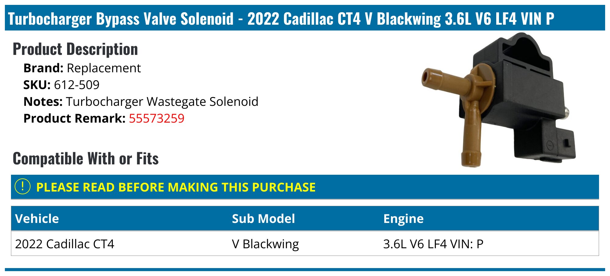 2022 Cadillac CT4 Turbocharger Bypass Valve Solenoid - Replacement 612 ...