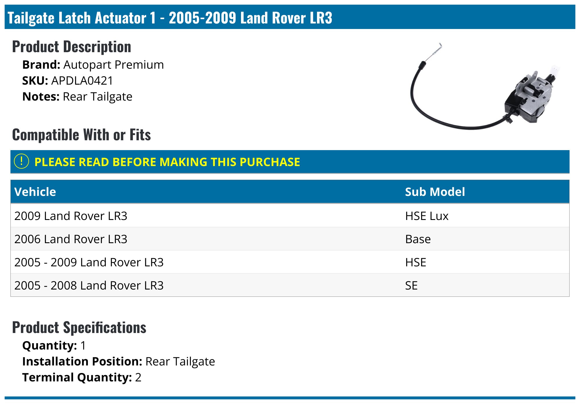 2005-2009 Land Rover LR3 Trunk Lock Actuator Motor - Autopart Premium ...
