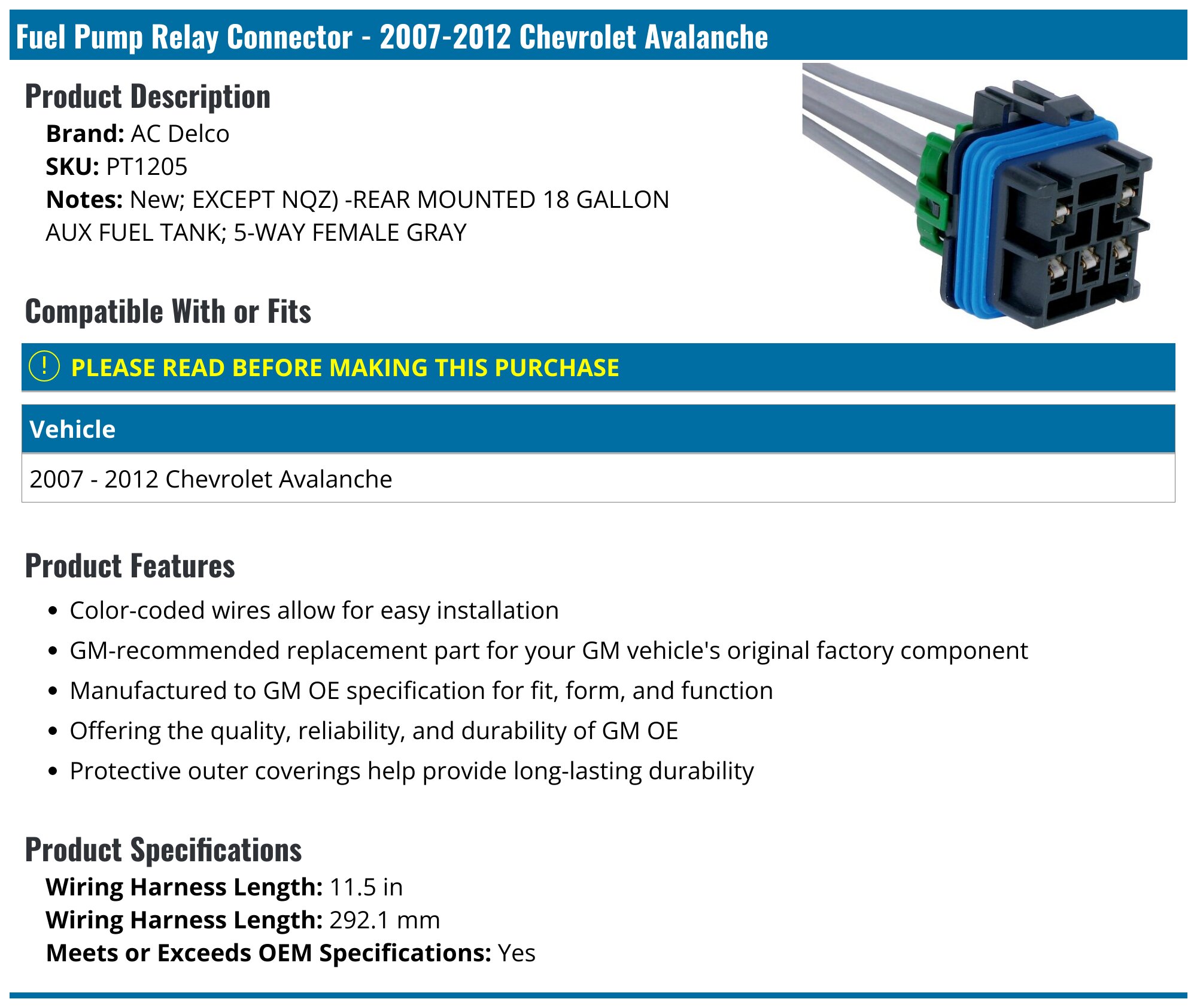 2007-2012 Chevrolet Avalanche Fuel Pump Relay Connector - AC Delco ...