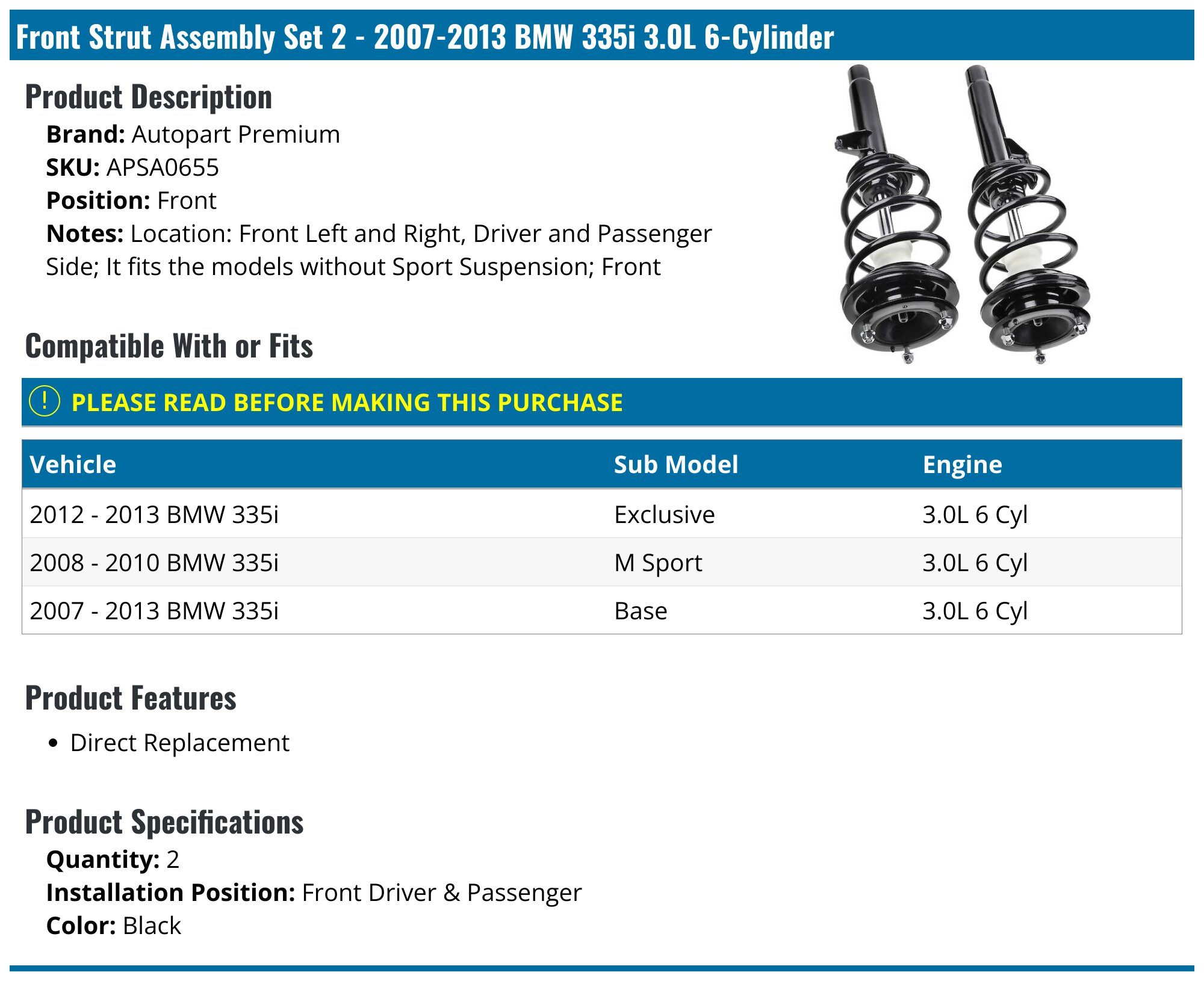 2007-2013 BMW 335i Strut Assembly - Autopart Premium APSA0655 - Front ...