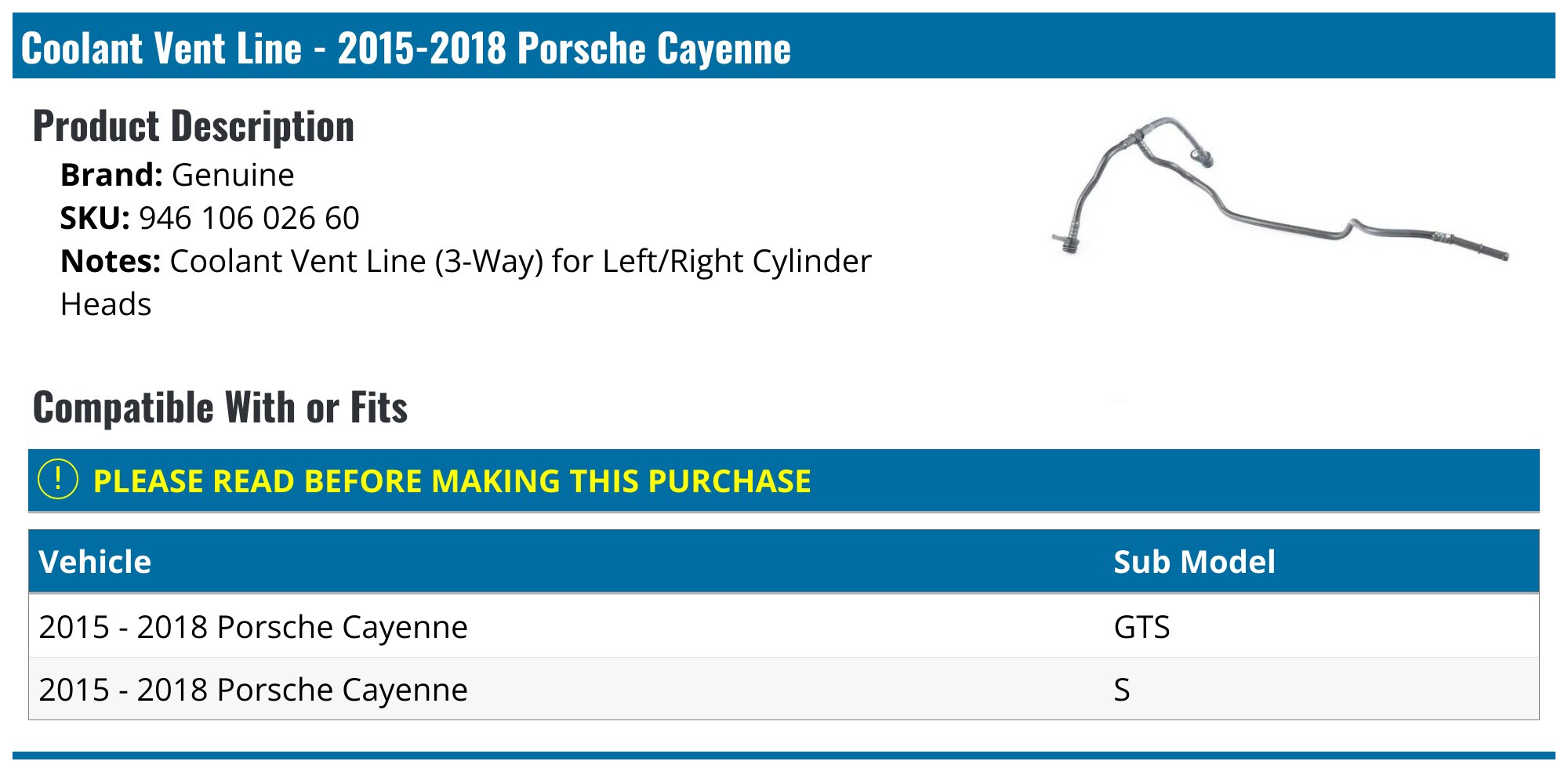 2015-2018 Porsche Cayenne Coolant Vent Line - Genuine 946 106 026 60 ...