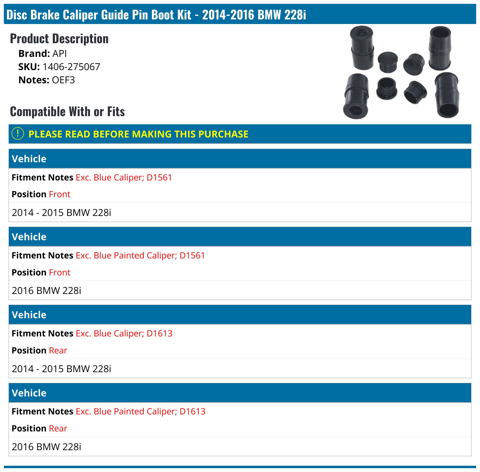2014-2016 BMW 228i Disc Brake Caliper Guide Pin Boot Kit - API 129764 ...