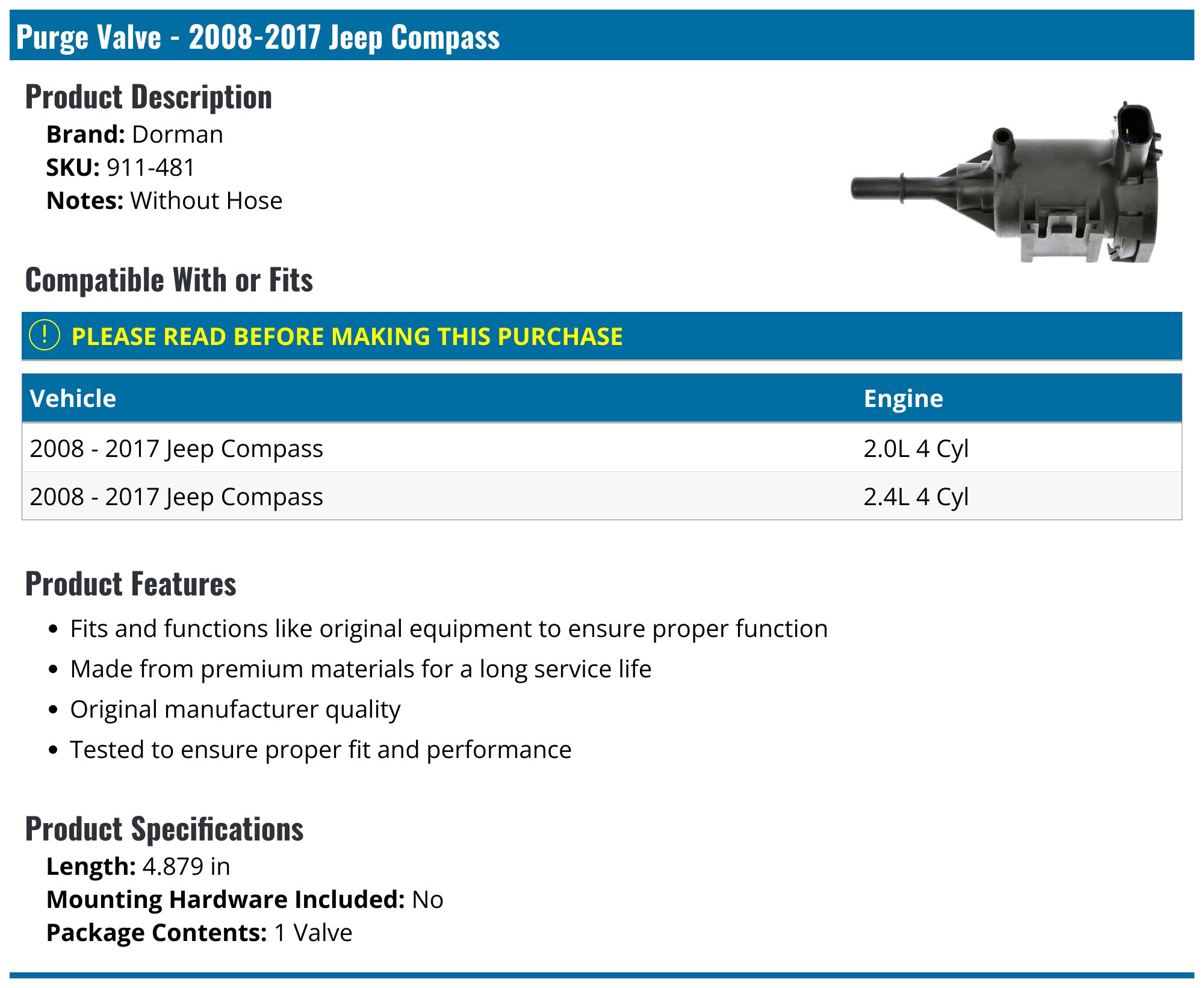 2009-2017 Jeep Compass Purge Valve - Dorman 911-481 - PartsGeek.com