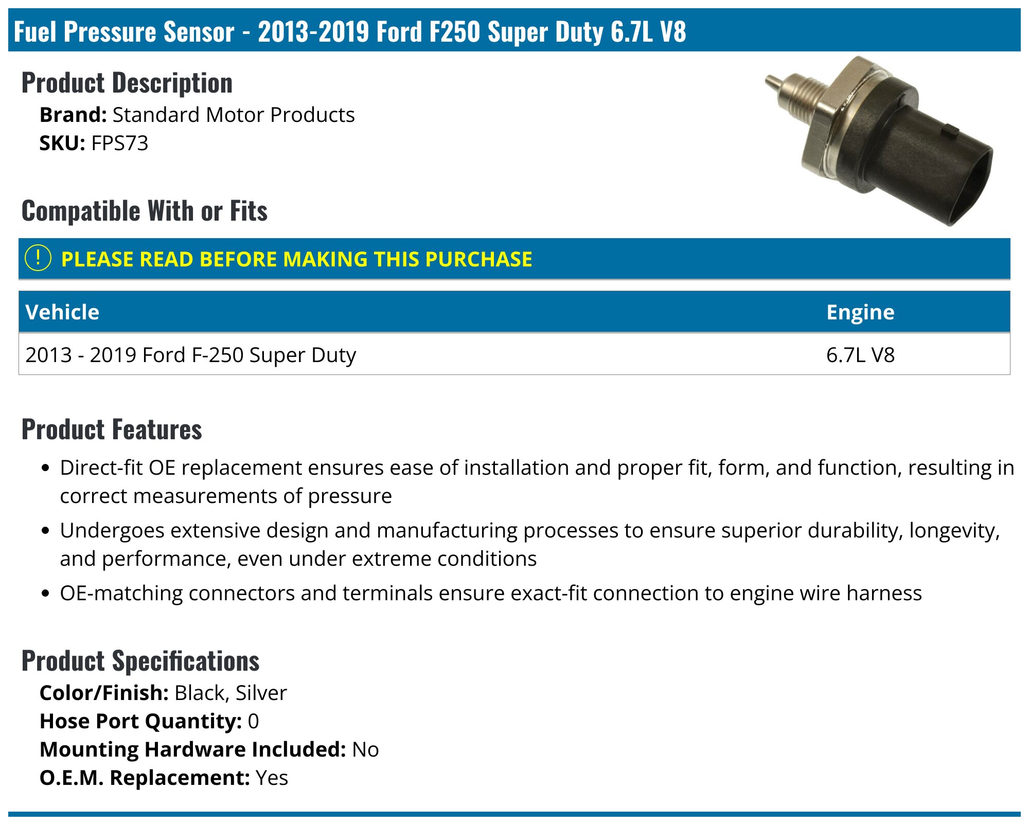 2013-2019 Ford F250 Super Duty Fuel Pressure Sensor - Standard Motor ...