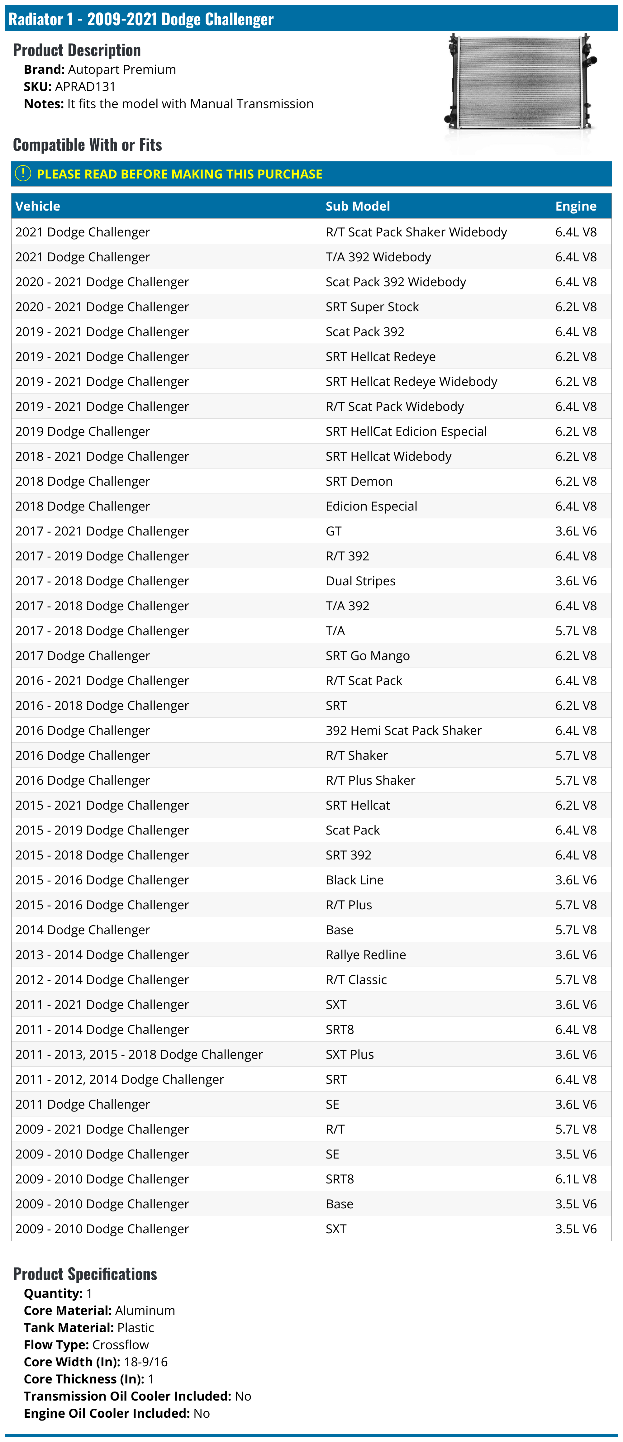 2009-2021 Dodge Challenger Radiator - Autopart Premium APRAD131 ...