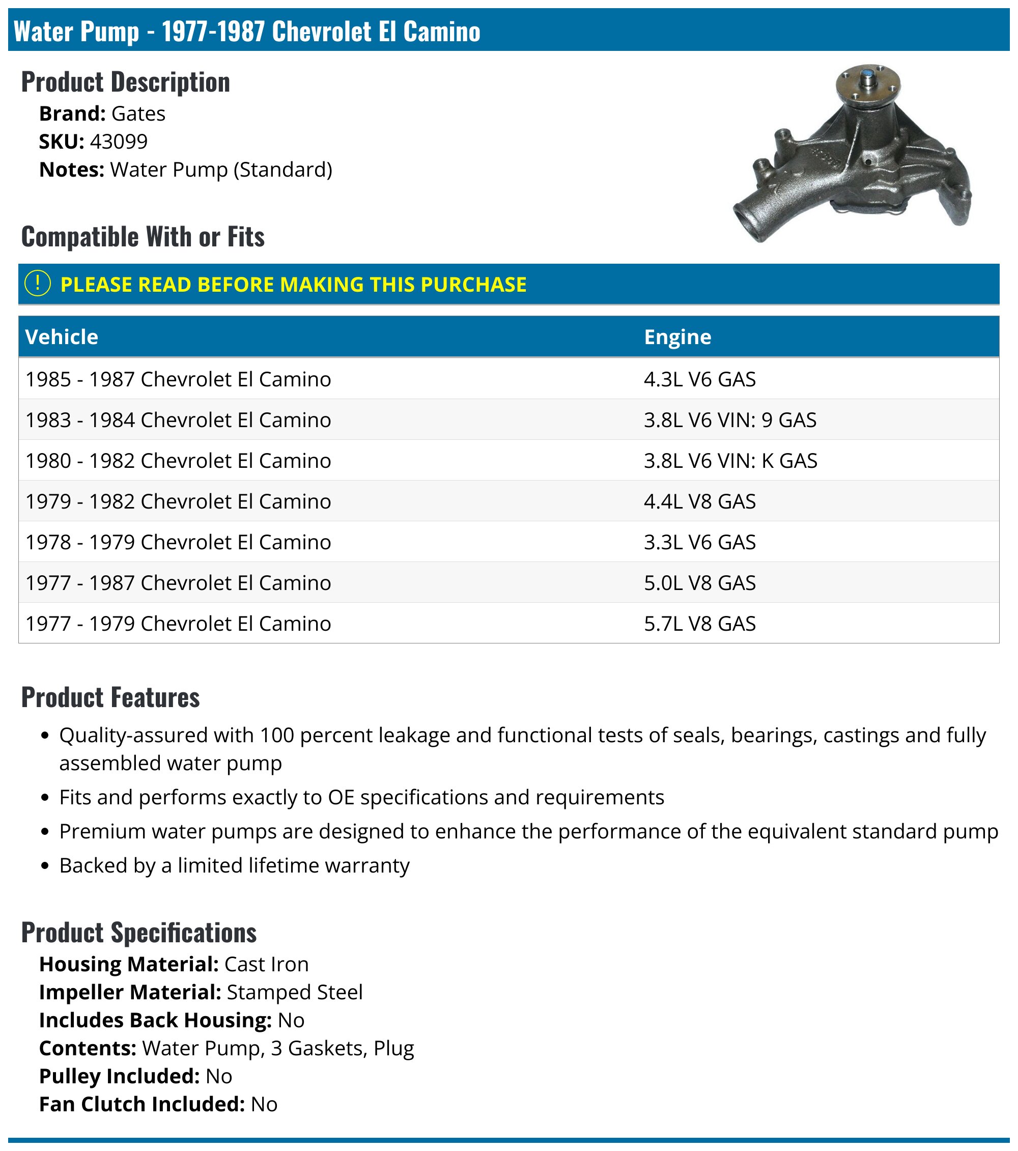 1977-1987 Chevrolet El Camino Water Pump - Gates 43099 - PartsGeek.com
