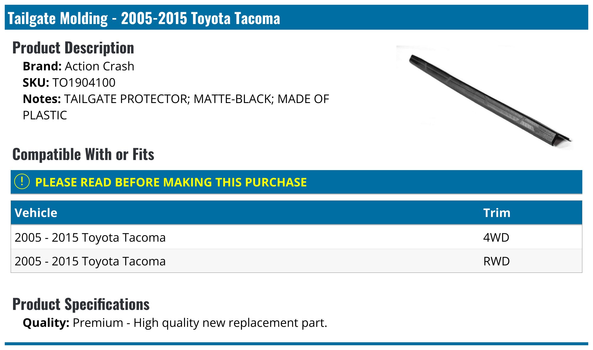 2005-2015 Toyota Tacoma Tailgate Molding - Action Crash TO1904100 ...