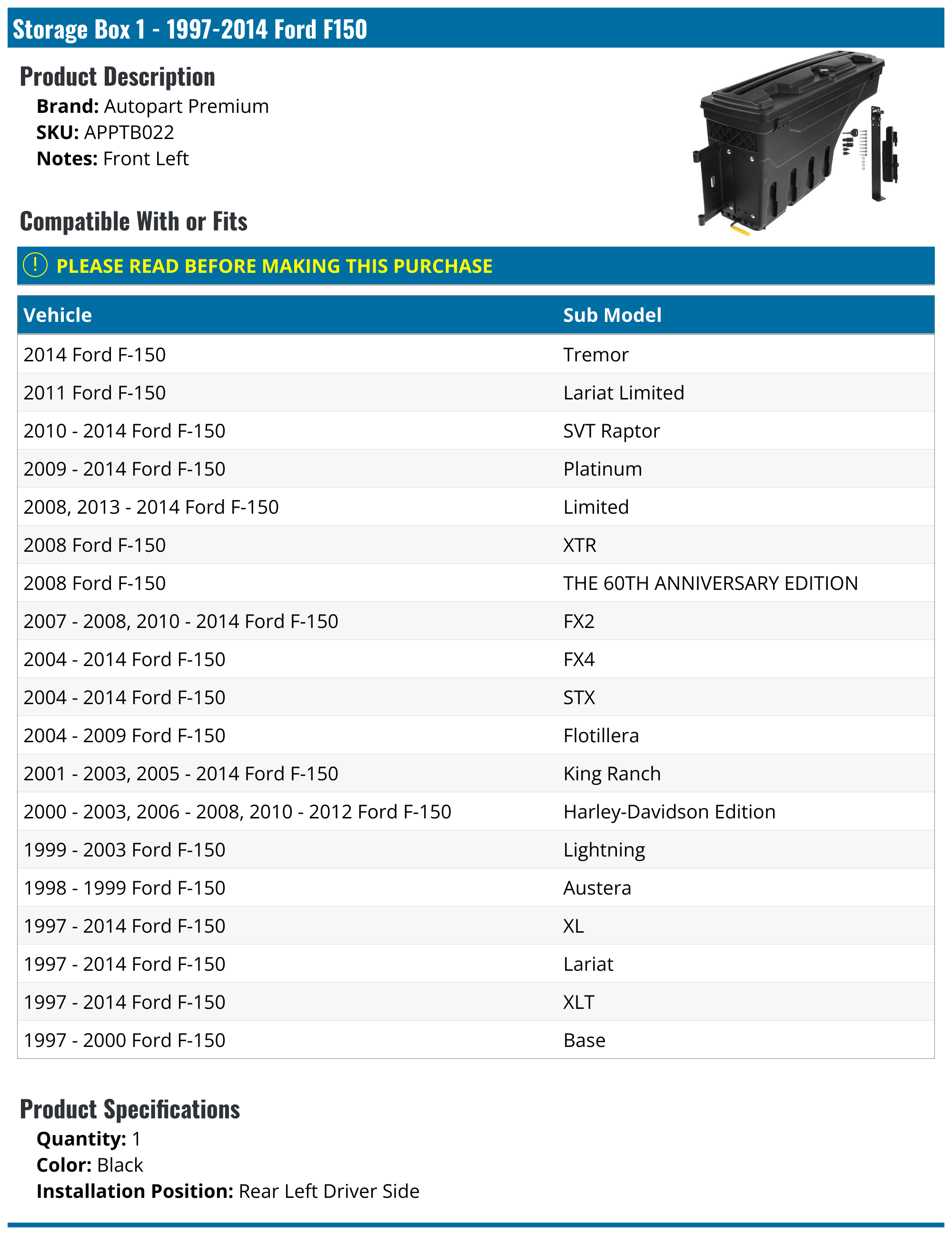 1997-2014 Ford F150 Truck Tool Box - Autopart Premium APPTB022 - Rear ...