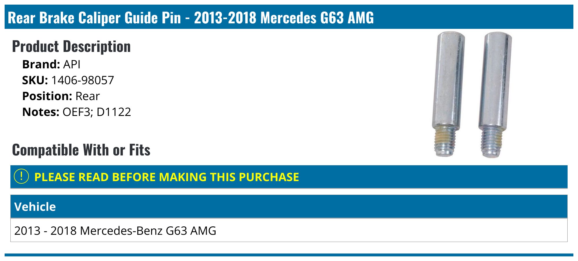2013-2018 Mercedes G63 AMG Brake Caliper Guide Pin - API 119610 ...
