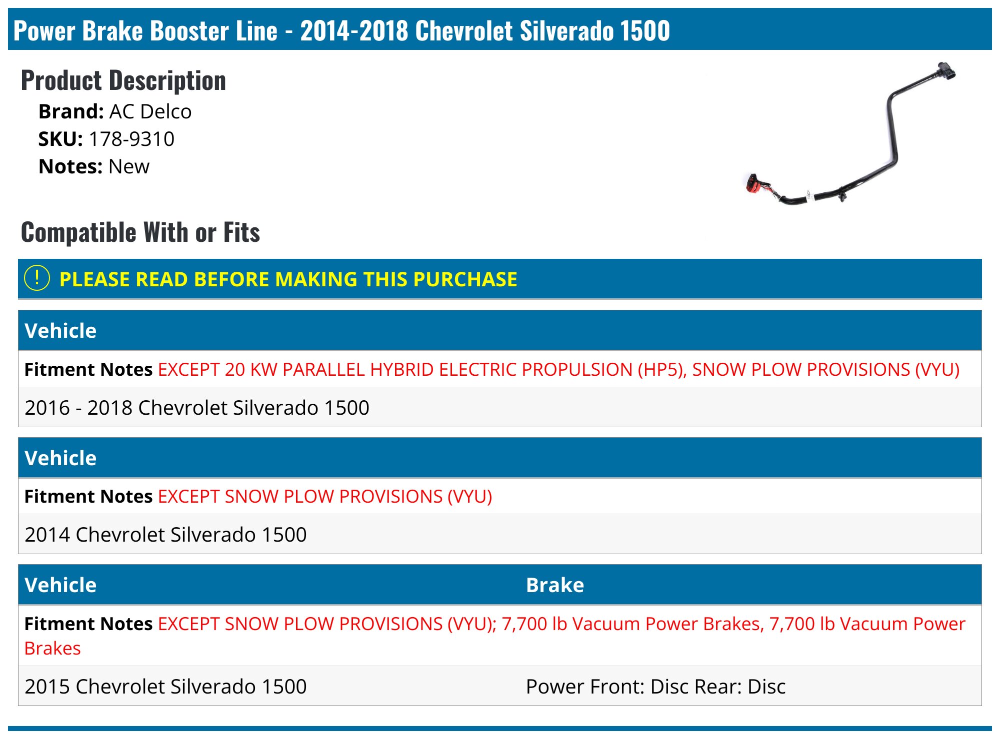 2014-2018 Chevrolet Silverado 1500 Power Brake Booster Line - AC Delco ...