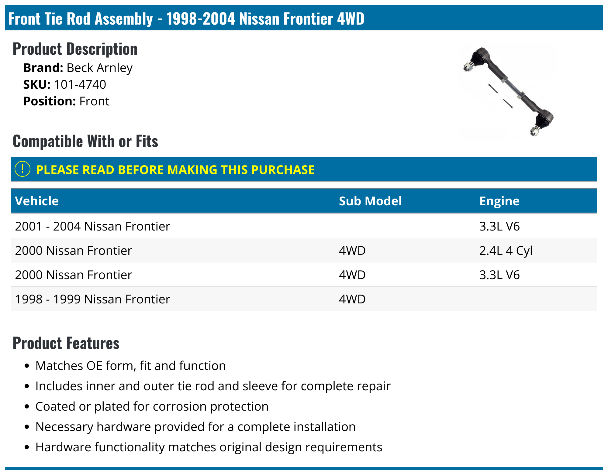 1998-2004 Nissan Frontier Tie Rod - Beck Arnley 101-4740 - Front ...