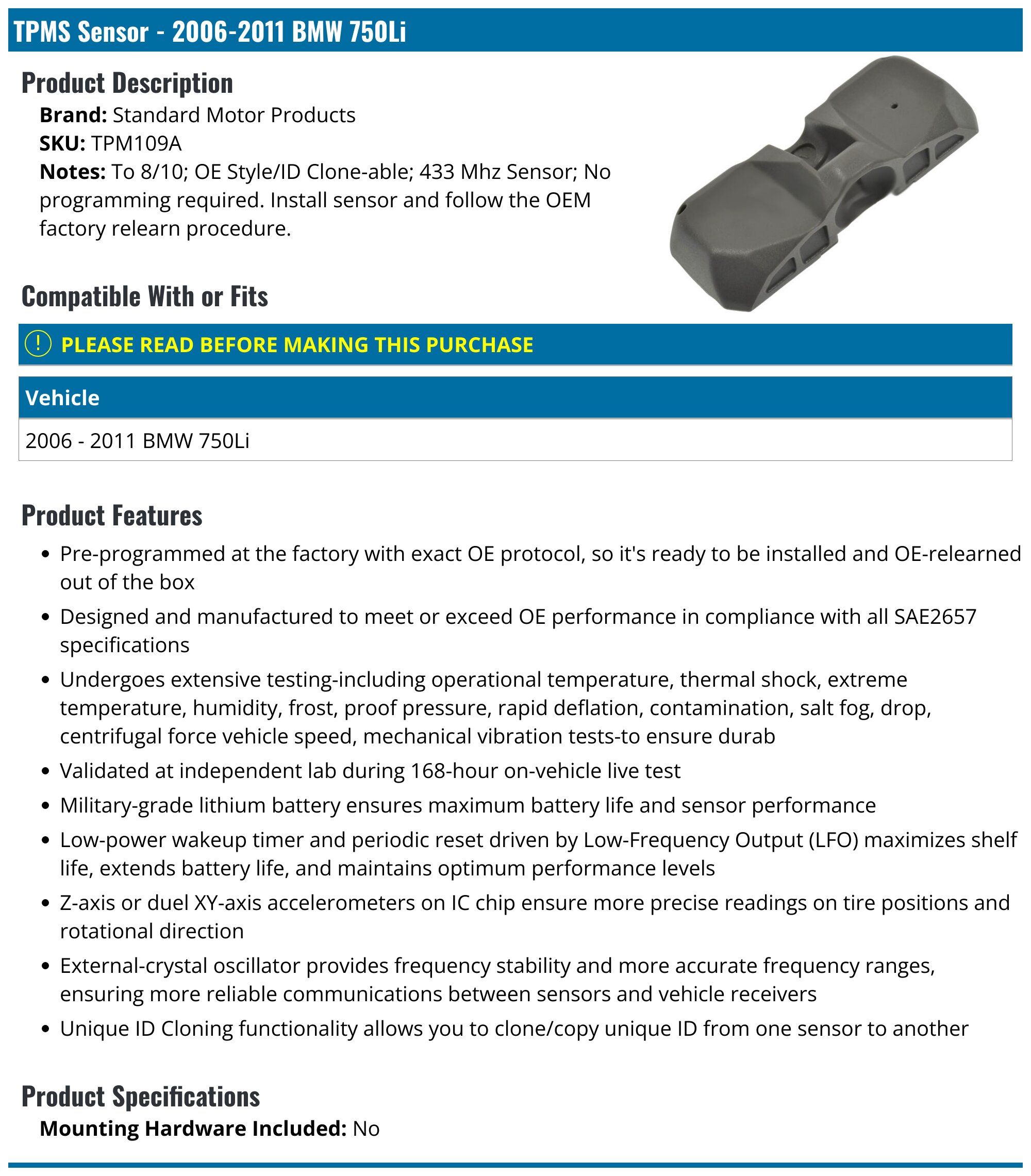 2006-2011 BMW 750Li Tire Pressure Monitoring Sensor - Standard Motor ...