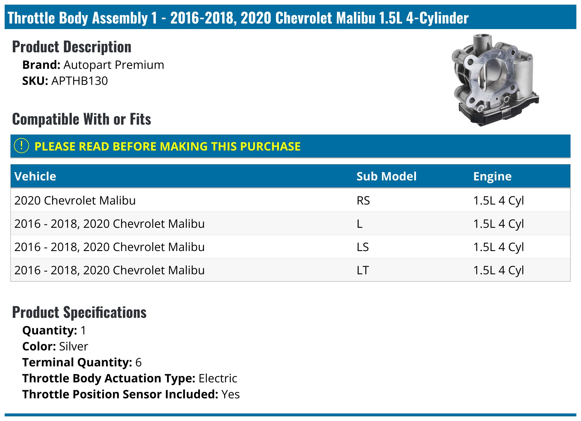 2016-2020 Chevrolet Malibu Throttle Body - Autopart Premium APTHB130 ...